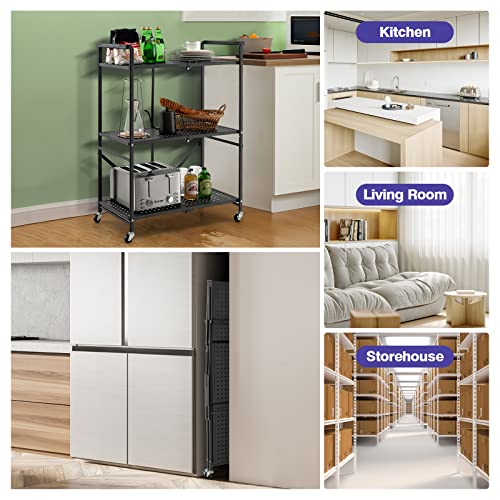 Tangkula 3-Tier Foldable Storage Shelves, Steel Storage Rack with 2 Handles, 4 Caster Wheels and Hook Buckle, Collapsible Utility Cart for Garage Kitchen, 3-Shelf Metal Shelving Units (1, Black)