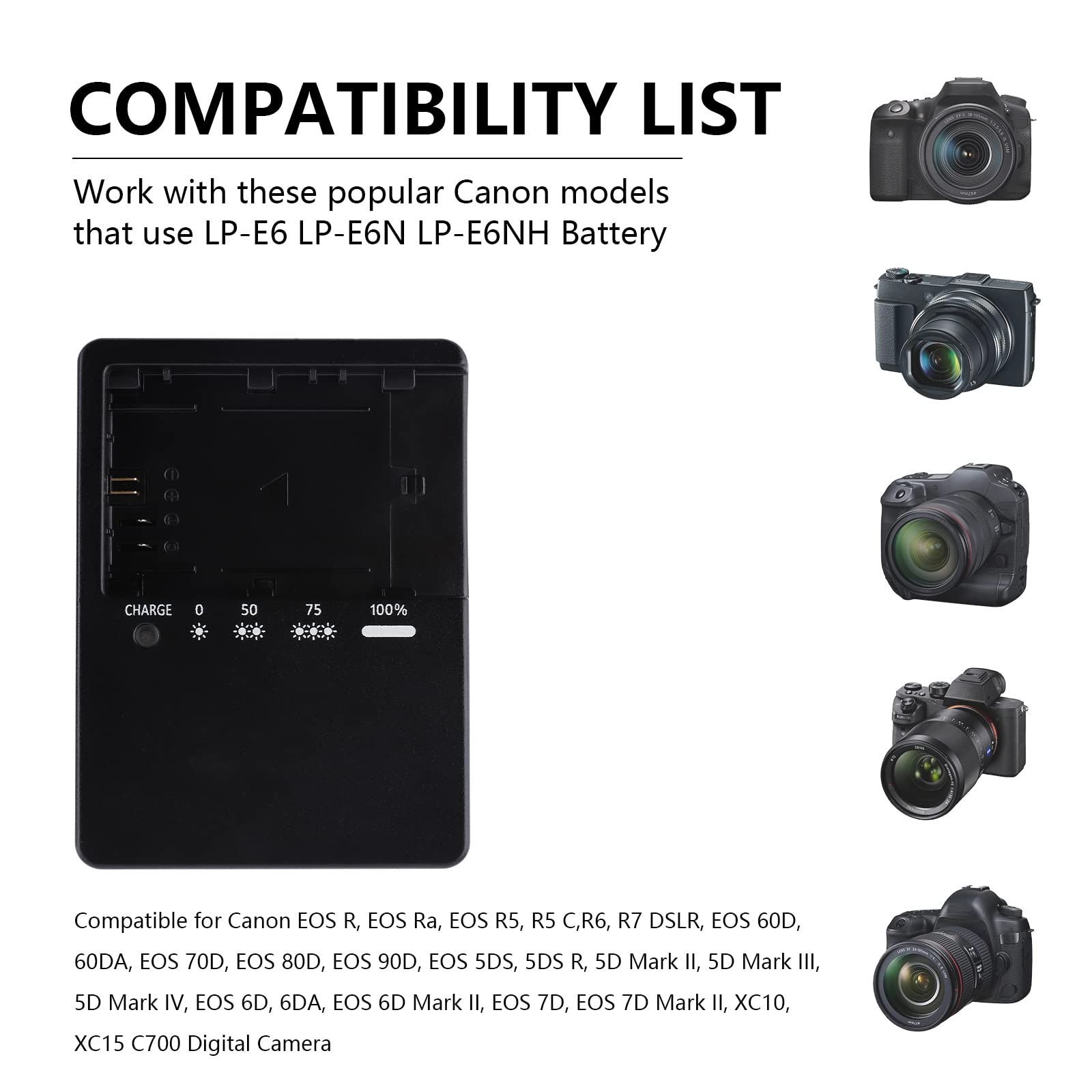LP-E6 LP-E6N LC-E6 Charger for Canon: Compatible with LP-E6NH LC-E6E Battery EOS R Ra R5 R5 C R6 R7 DSLR 60D 60DA 70D 80D 90D 5DS 5DS R 5D Mark II III IV 6D 6DA 6D Mark II 7D 7D Mark II XC10 XC15 C700