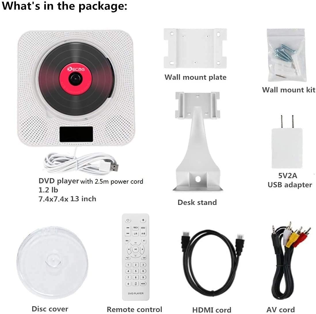 KECAG DVD/CD Player with Bluetooth Dual Speakers,Wall Mountable DVD Player Portable with HDMI Full-HD 1080P Output for TV,AV USB Port FM Radio Remote Control 3.5mm AUX Line in/Out Sleep Timer,White