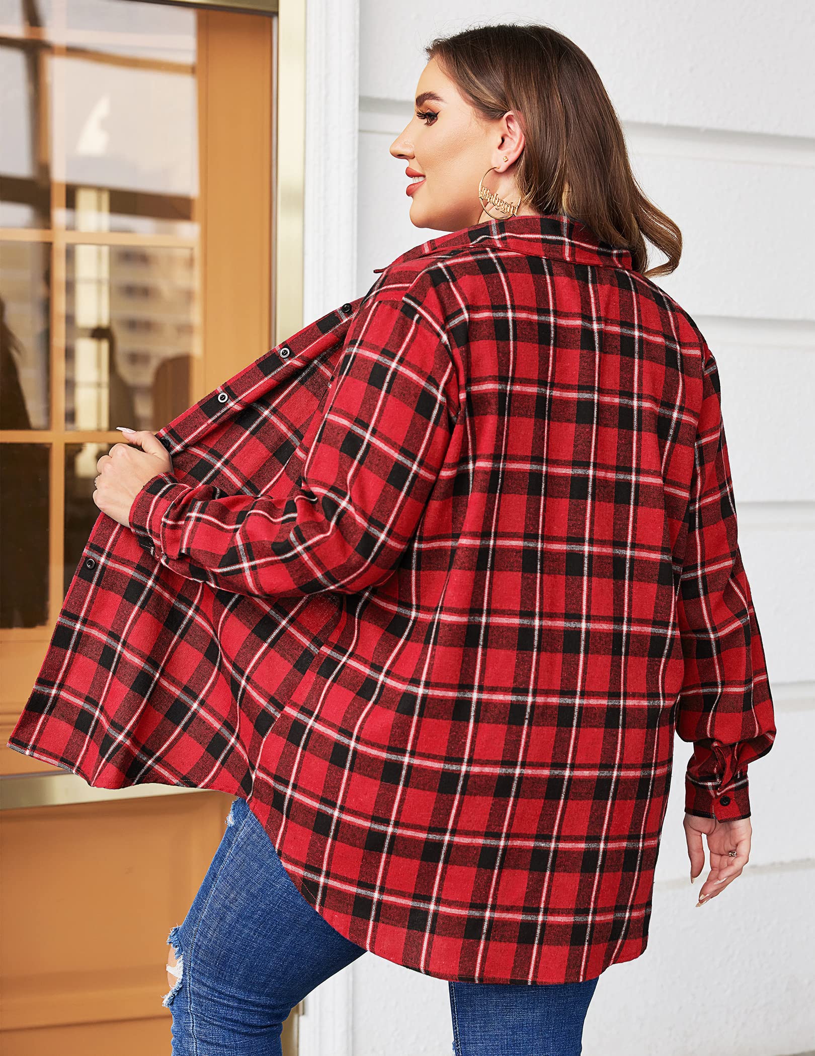 IN'VOLAN Womens Plus Size Flannel Plaid Shirt Roll Up Long Sleeve Mid-Long Button Down Shirts Casual Boyfriend Tops(24 Plus)