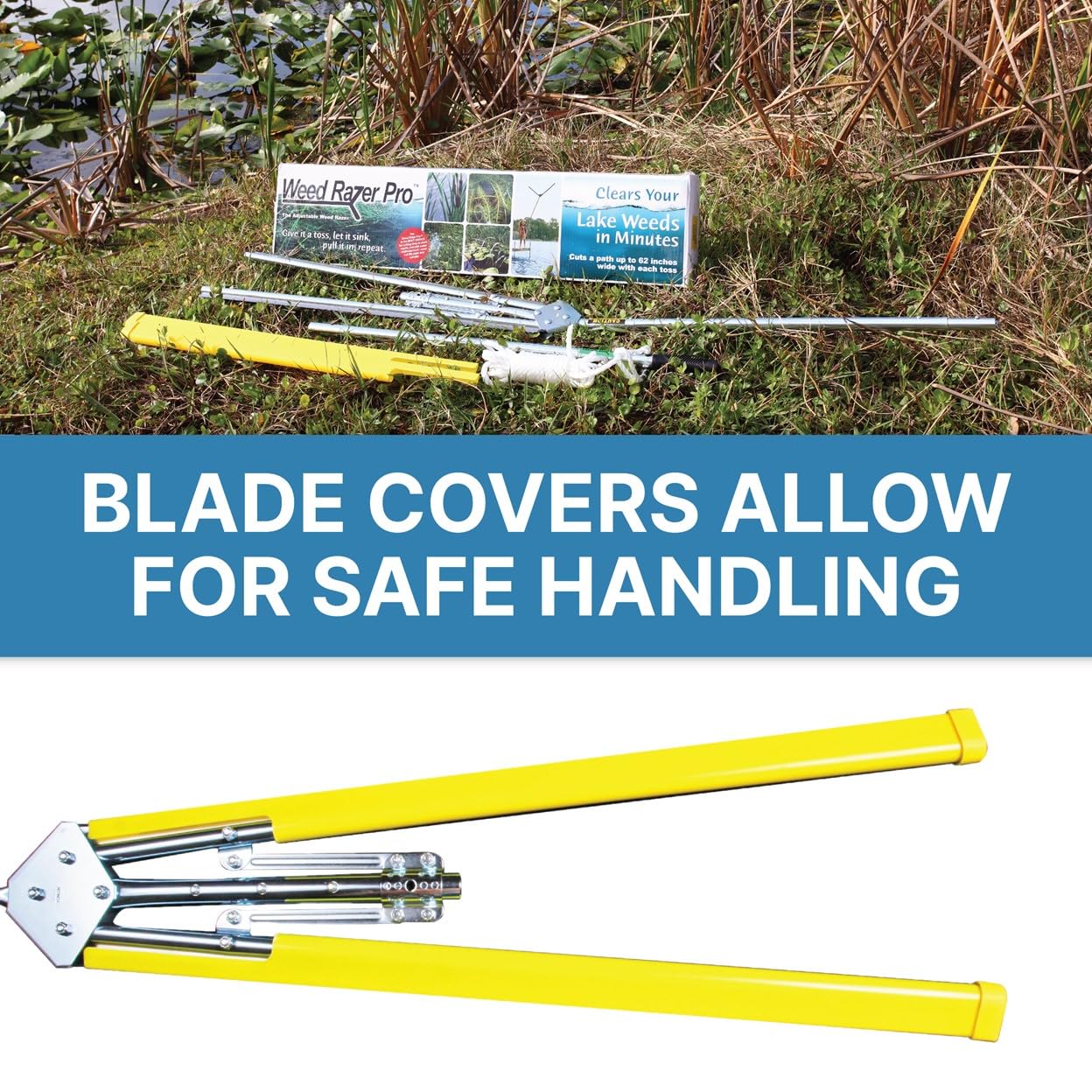Jenlis Weed Razer Pro, Lake Weed Cutter, Large Pond Aquatic Plant Cutting Tool, Sharp Razor Blades Shear Cattail, Reed, Lilly & Chara Algae, Adjustable 30"-62β Inch Cut Width, 25' Foot Throw Rope