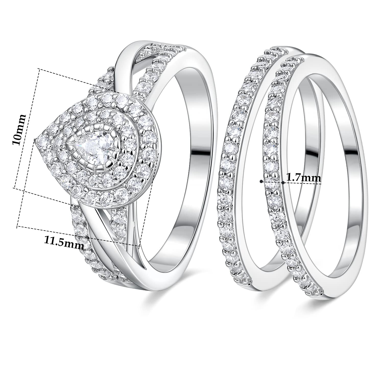 MDFUN Stackable Rings for Women 18K White Gold Plated Three-in-One Teardrop Mini Halo CZ Wedding Engagement Promise Eternity Band (7)