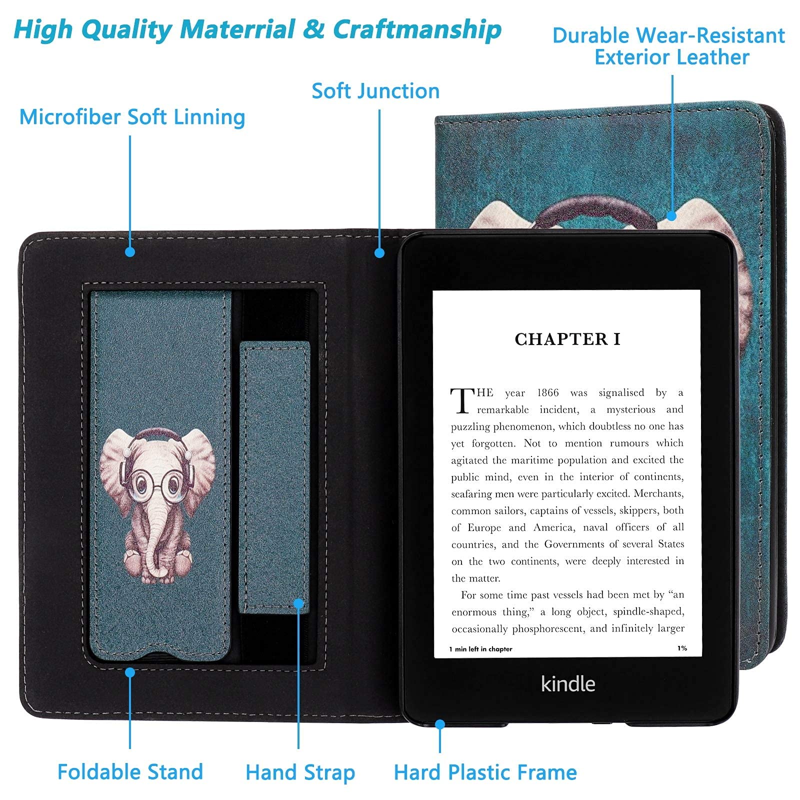 KANNIL Case for 6" Kindle Paperwhite(10th Generation, 2018 Released, Model PQ94WIF), Premium PU Leather Protective Smart Cover with Foldable Stand/Hand Strap, Auto Sleep/Wake (Elephant)
