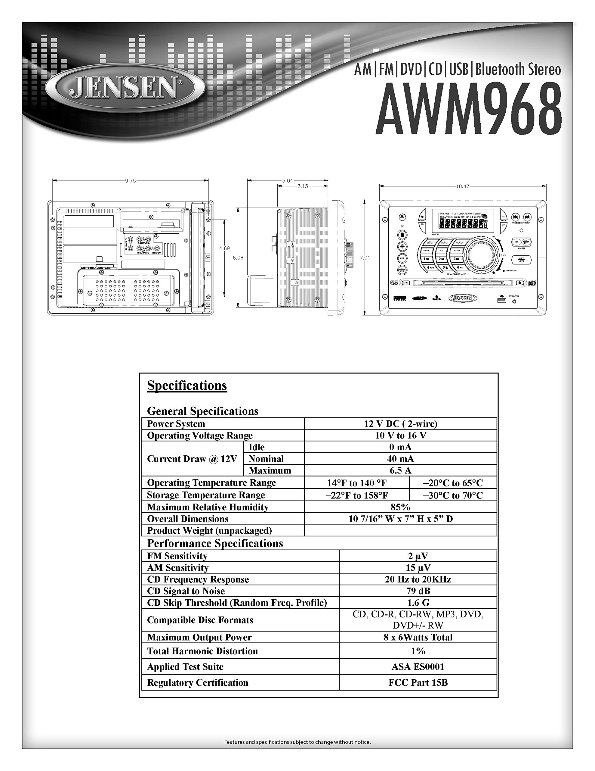 Jensen AWM968 AM/FM/CD/DVD/USB Bluetooth Stereo, Front USB supports MP3/WMA, DVD Player CD, CD-R, CD-RW, DVD/DVD+R, DVD RW, DVD-R, DVD-RW, DVD-Video, MPEG-4, VCD, JPEG and MP3/WMA Compatible