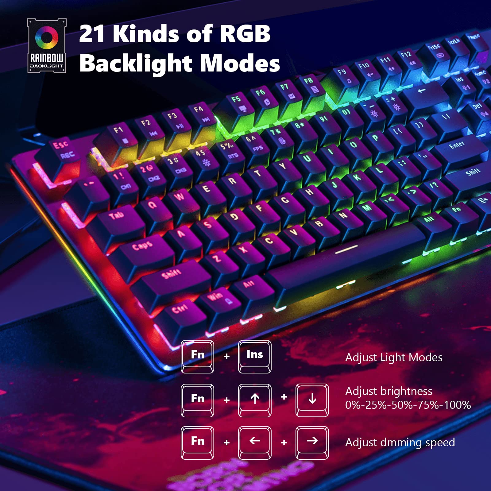 MARVO CM372 Mechanical Keyboard and Mouse Combo RGB Gaming 104 Keys Blue Switches Wired USB Keyboards with Gaming Mouse Pad, 6400 DPI Programmable Mouse with 7 Buttons for PC Gamer Computer Laptop