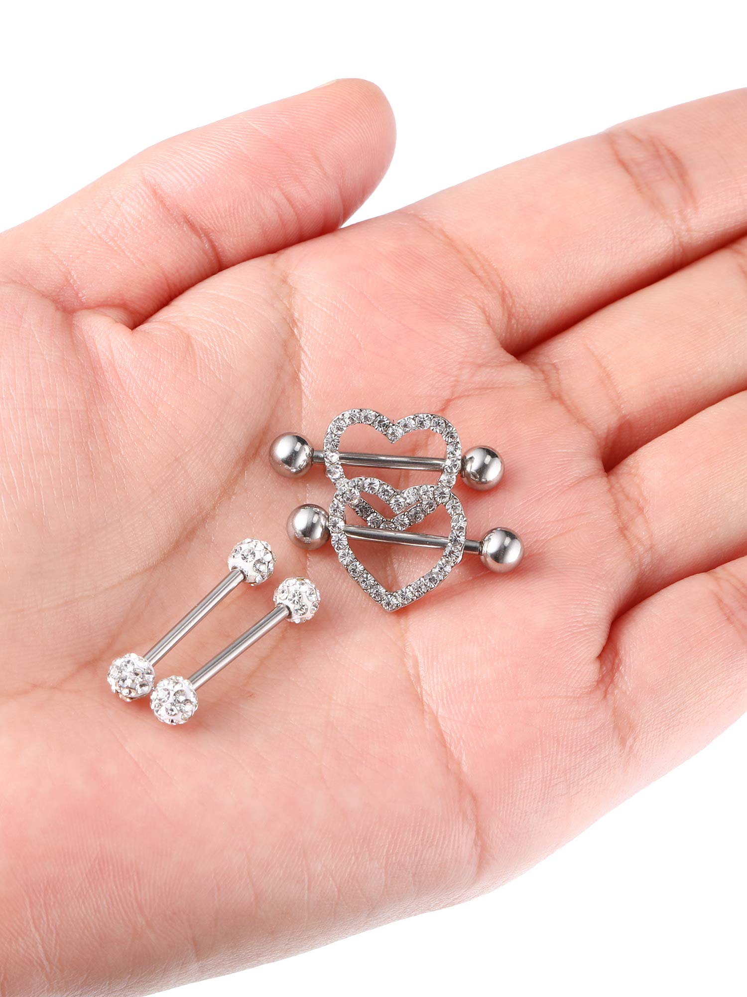JOVITEC 2 Pairs Stainless Steel Nipple Ring CZ Barbell Rhinestone Nipple Studs for Nipple Tougue Body Piercing, 14 G (Silver)