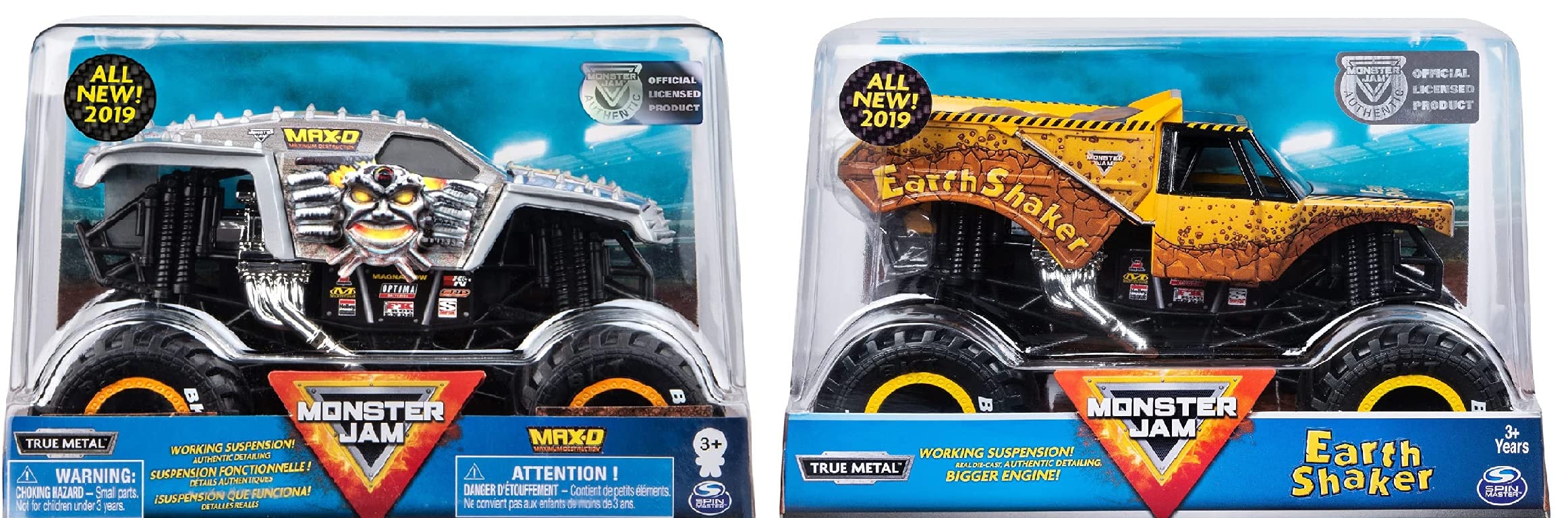Monster Jam, Official Earth Shaker and Monster Jam Official Max D Monster Truck, Die-Cast Vehicle 1:24 Scale, Bundle
