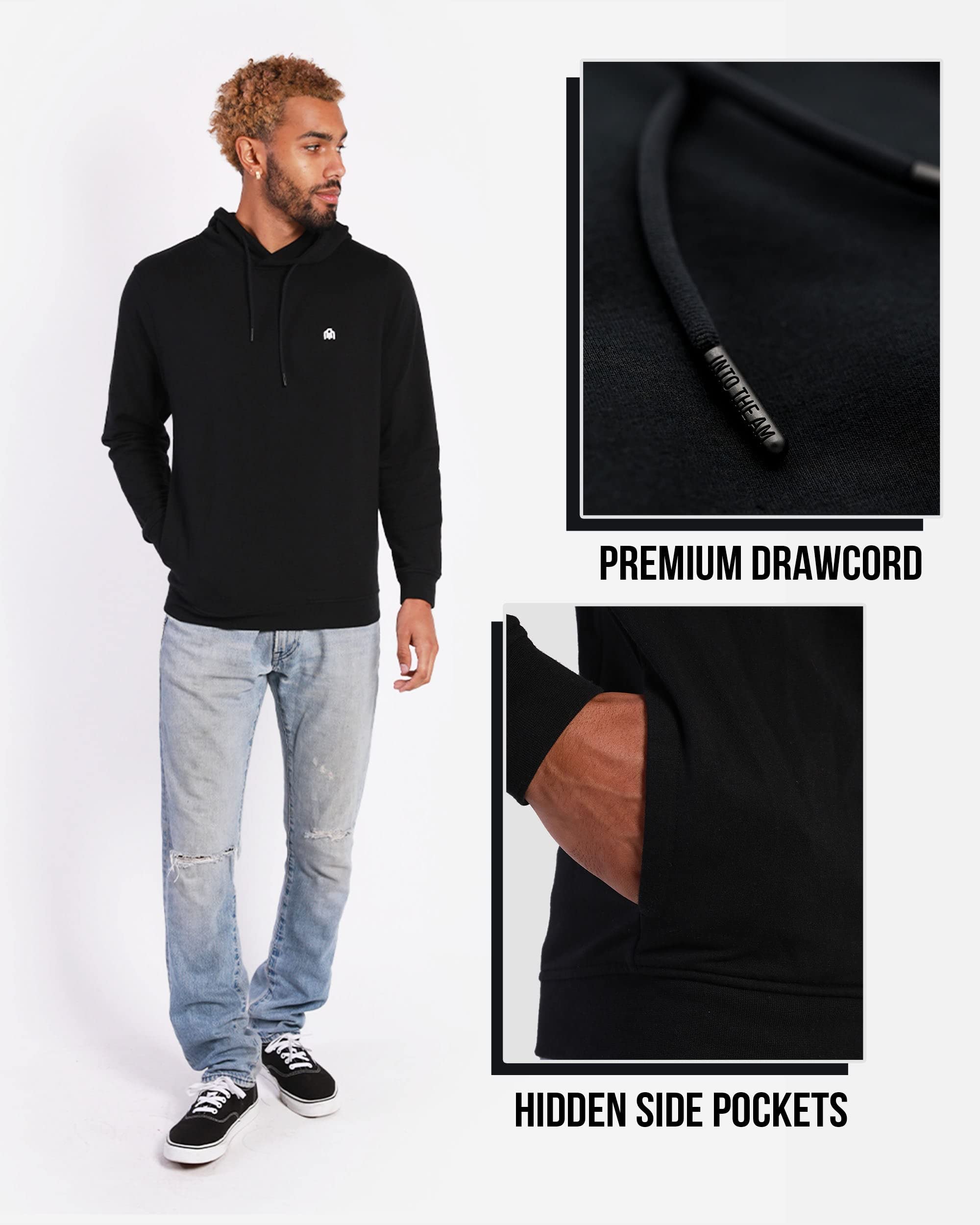 INTO THE AM Basic Pullover Hoodies for Men - Soft French Terry Fleece Athletic Slim Fit Hooded Sweatshirts (Black, Large)