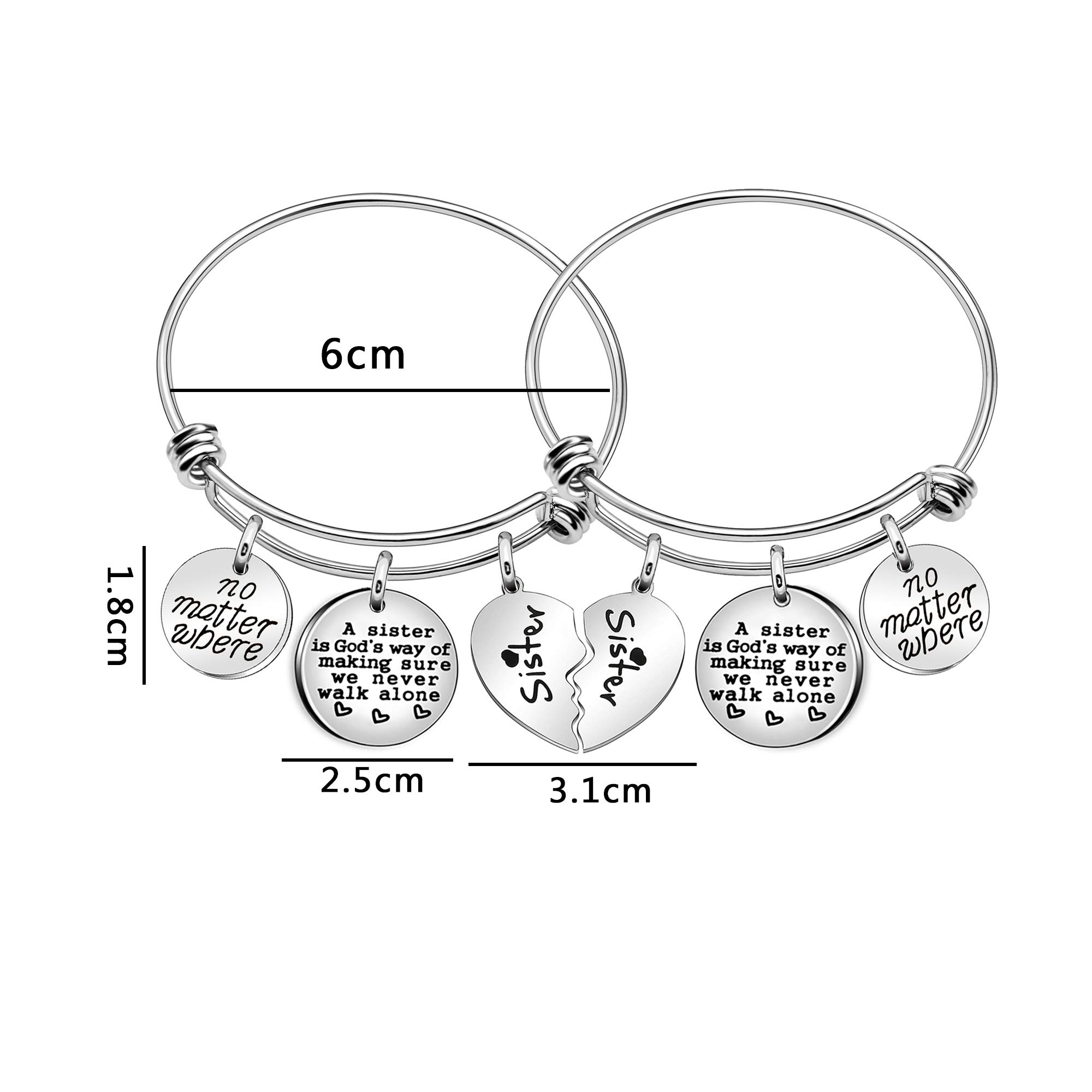 JQFEN No Matter Where Sister Bracelets 2 Pcs Broken Heart Round Charm Bangles for Sister Daughter