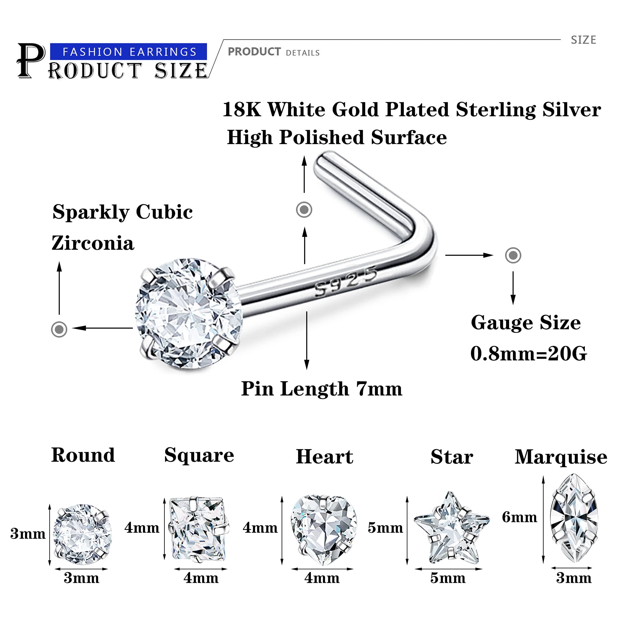 MILACOLATO 8Pcs 20G Sterling Silver Nose Rings Studs for Women Men Star Marquise Heart Square Round Shaped CZ Nose Stud L Shape Nose Ring Body Piercing Jewelry