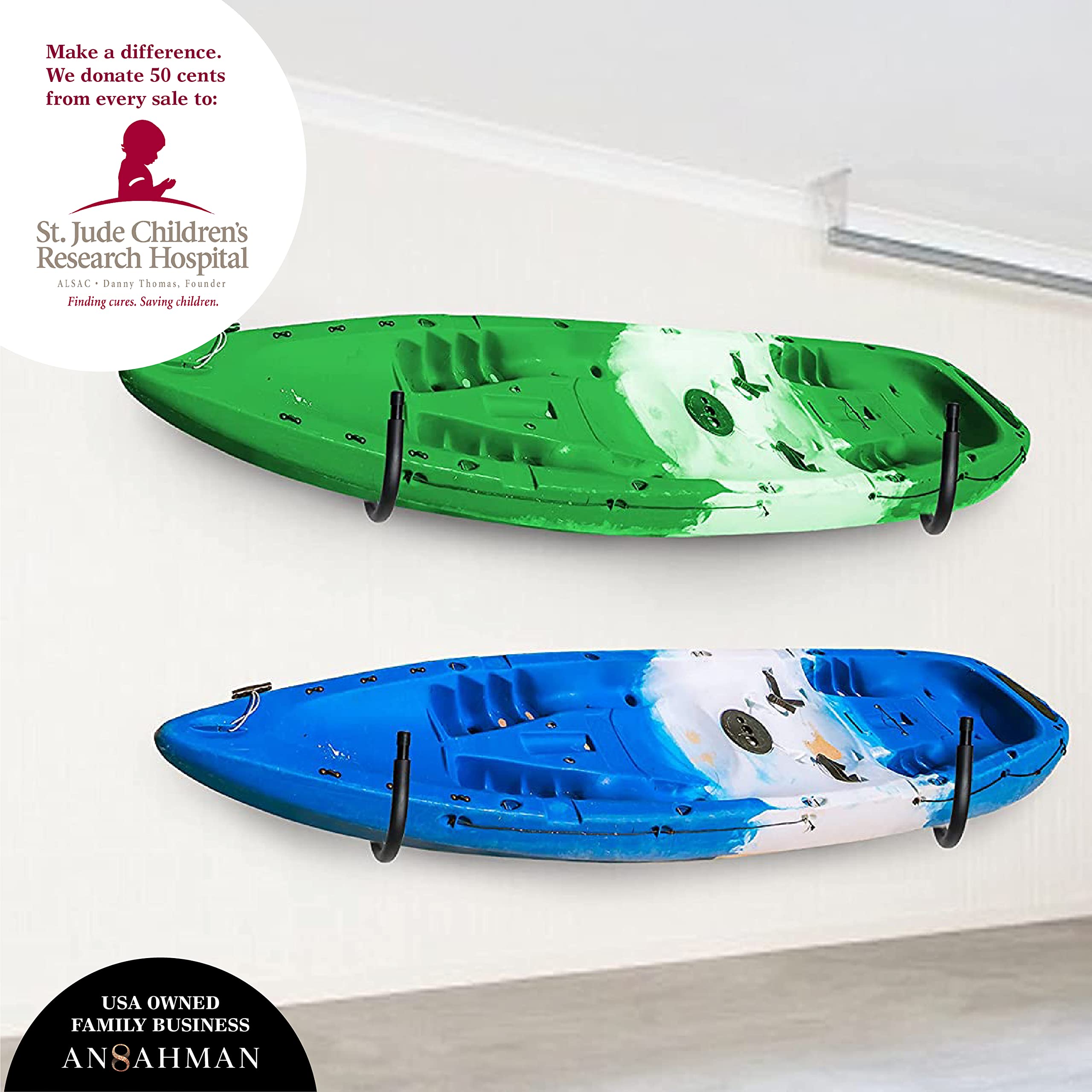 Kayak Wall Hangers Overhead Mount - Adjustable Racks for Kayaks, Freestanding Indoor or Outdoor Storage Rack, Perfect Garage Holder Hooks for Hanging Boat, Canoe, Surfboard, Paddle, 100 Pound Capacity