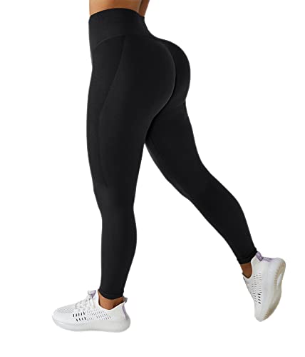 PEACH SEA Women High Waist Yoga Pants Tummy Control Workout Scrunch Butt Lifting Leggings Black