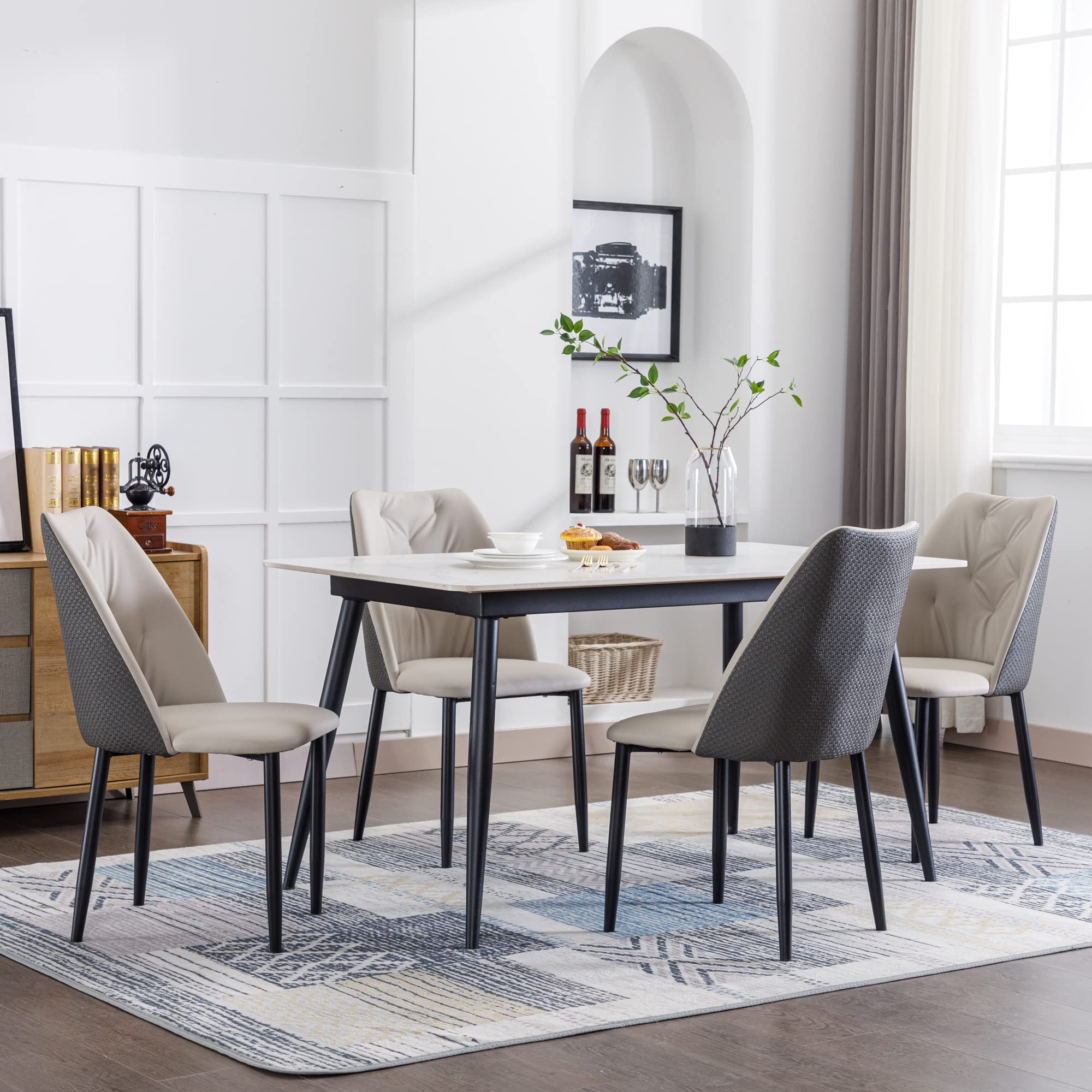 INMOZATA Dining Chairs Set of 4, Mid Century Modern Dining Room Chairs, Upholstered PU Leather Kitchen Chairs with Metal Legs,Beige