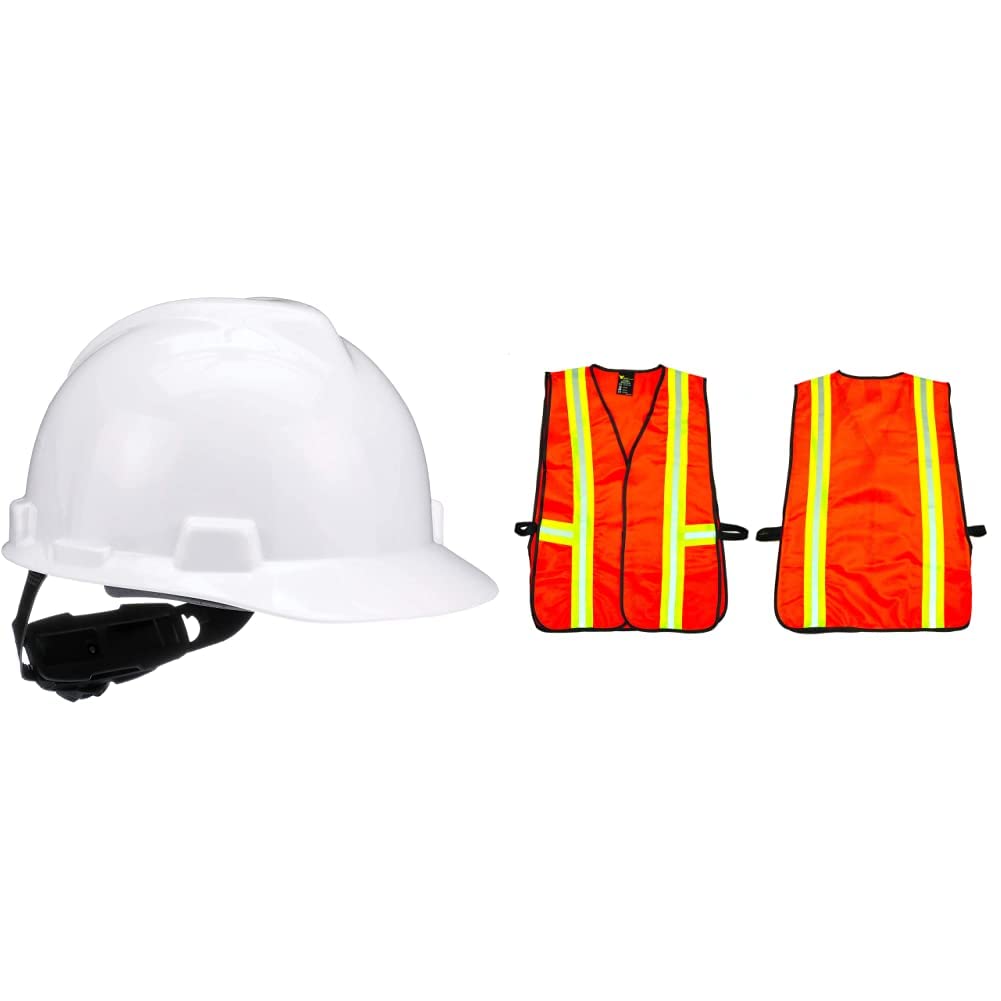 MSA 475358 V-Gard Cap Style Safety Hard Hat, White & G & F 41113 Industrial Safety Vest with Reflective Stripes, Neon Orange