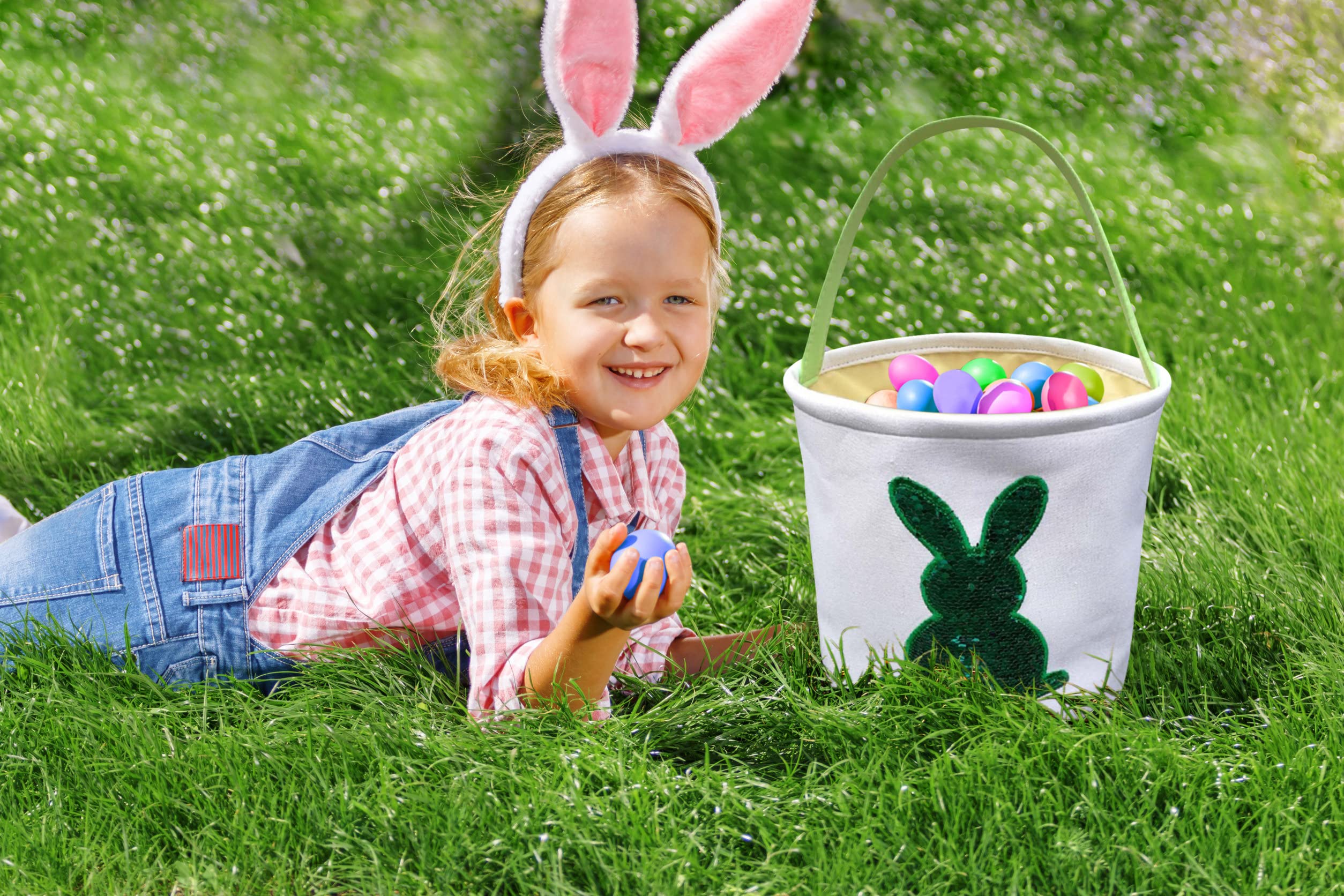 Jolly Jon Easter Bunny Basket Bag - Green to Silver Sequin Colors - Kids Easter Egg Hunt Baskets - Color Changing Reusable Party Bags - Rabbit with Cotton Tail Canvas Tote