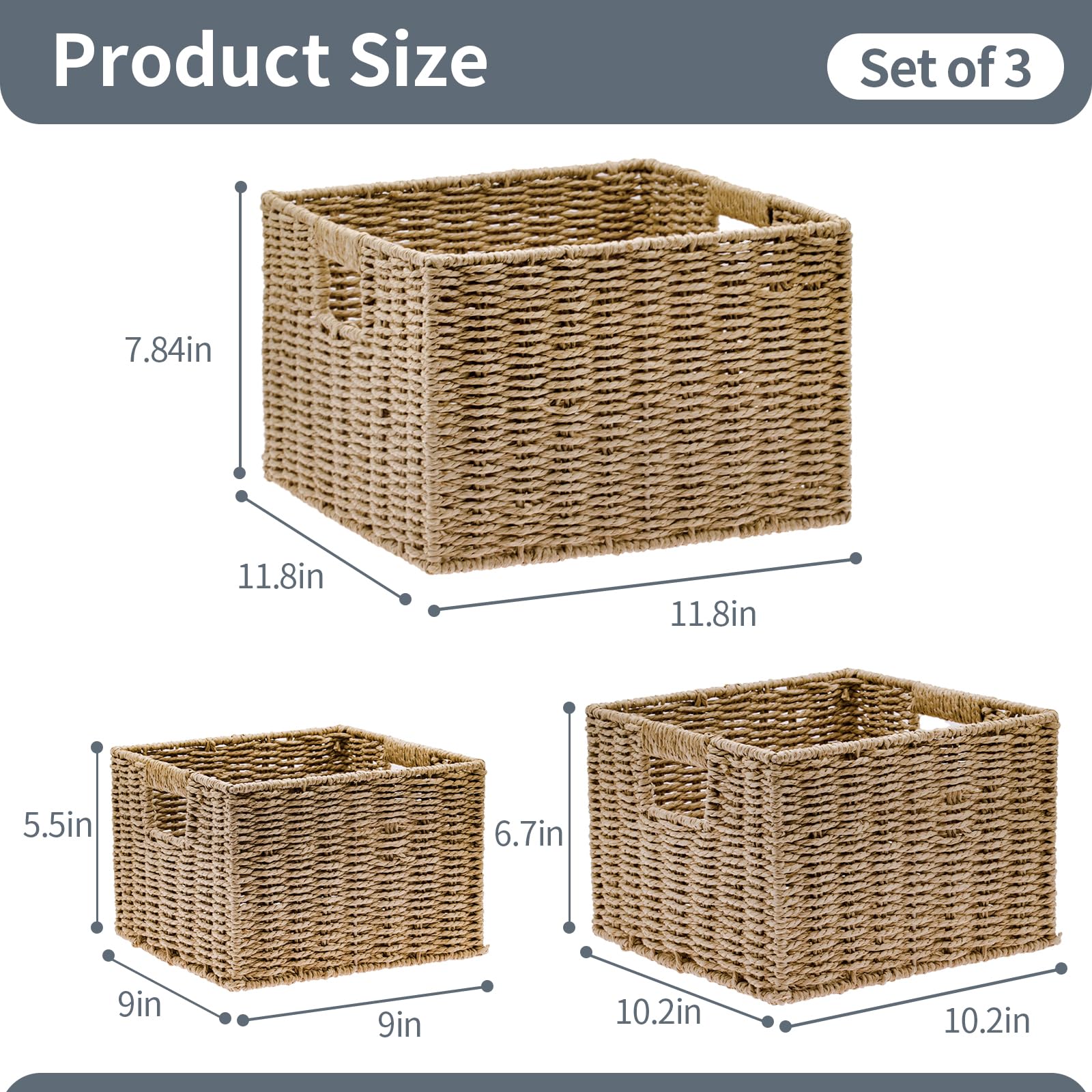 Woven Baskets Set of 3, Home Organizer with Build-in Handles, Storage Baskets for Shelves, Laundry Baskets, Toy Storage, Sustanabile Paper Rope Material