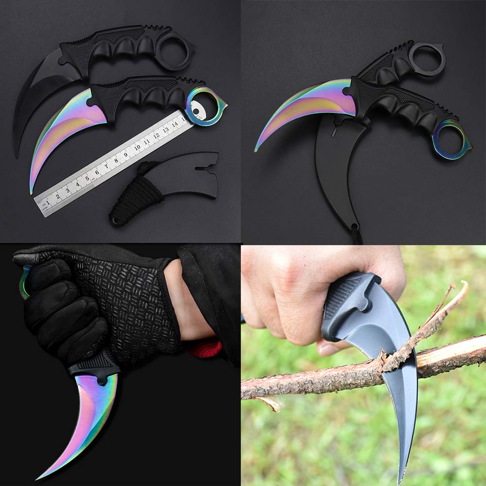 Karambit Knife, Set of 2, CS-GO for Hunting Camping Fishing and Field Survival, Stainless Steel Fixed Blade Tactical Knife with Sheath and Cord (Black+Rainbow).