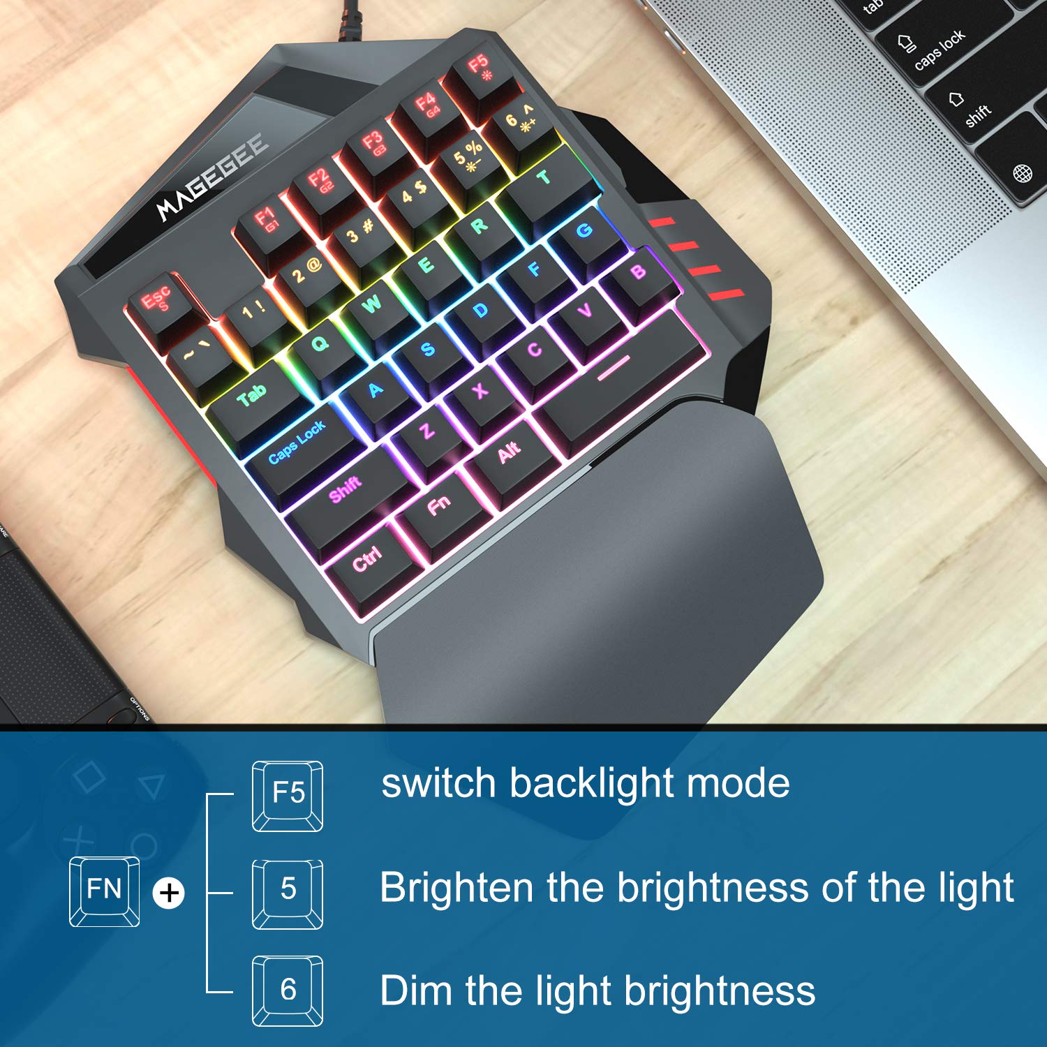 MageGee One-Handed RGB Mechanical Gaming Keyboard, 35 Keys Rainbow Backlit Wired Keyboard, Blue Switches, Support Wrist Rest, Portable Mini Gaming Keypad with Programmable Keys Macro Recording