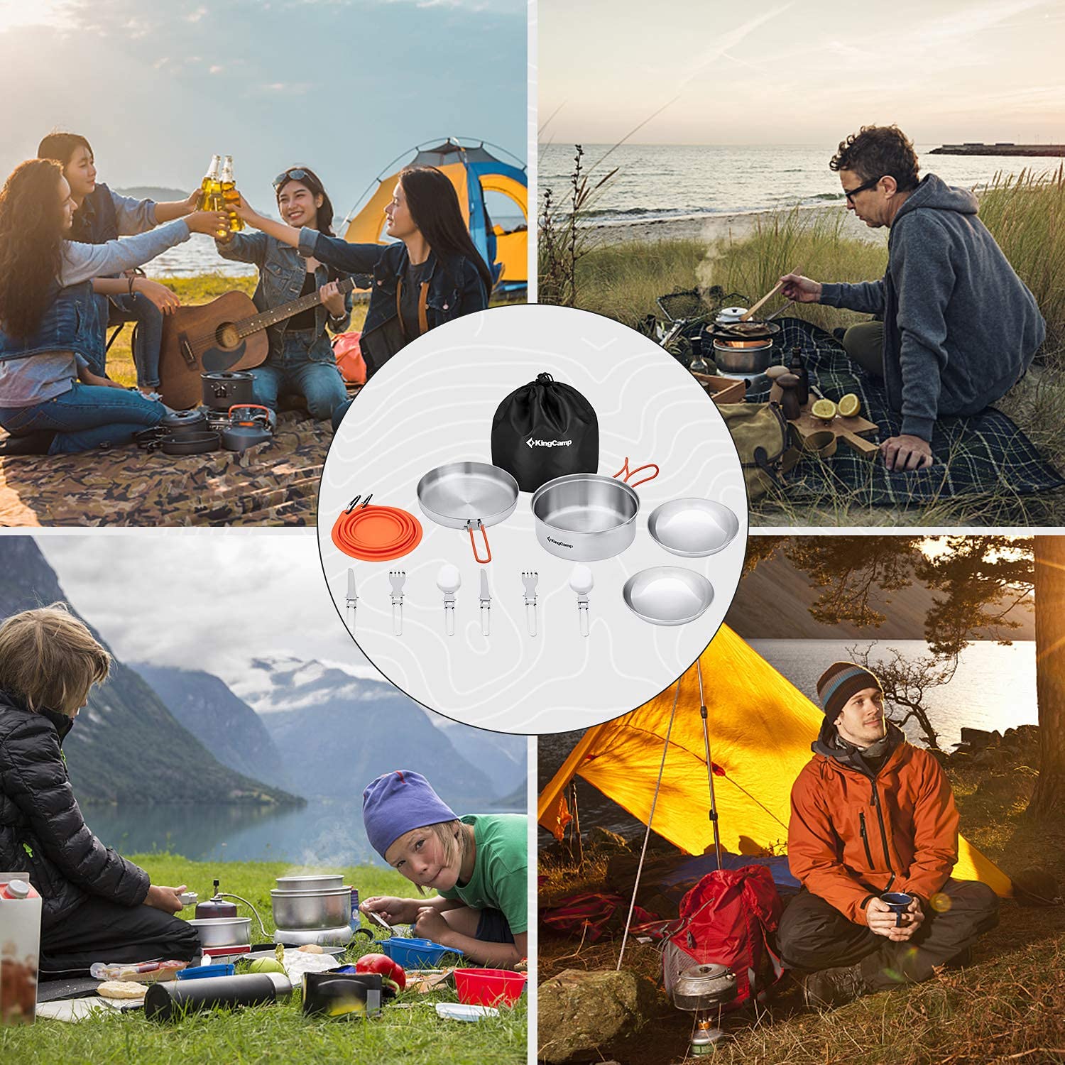 KingCamp 17/25pcs Stainless Steel Camping Cookware Mess Kit Camping Cooking Set Backpacking Gear Lightweight Pots and Pans Set with Folding Knife Fork for Camping Hiking Picnic