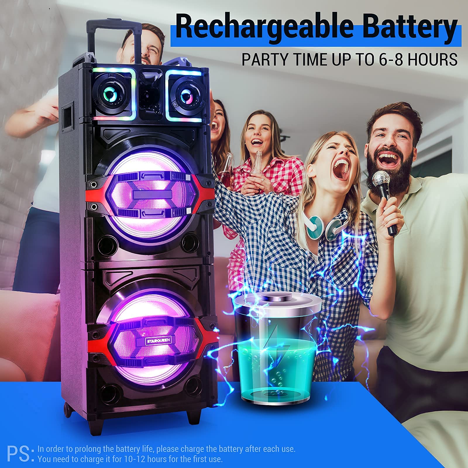 Karaoke Machine Pa System Portable Karaoke Speaker for Adults and Kids with Dual 10" Woofer, 2 Wireless Mics/DJ Lights/LCD Screen/Recording/MP3/USB/SD/TF Bluetooth