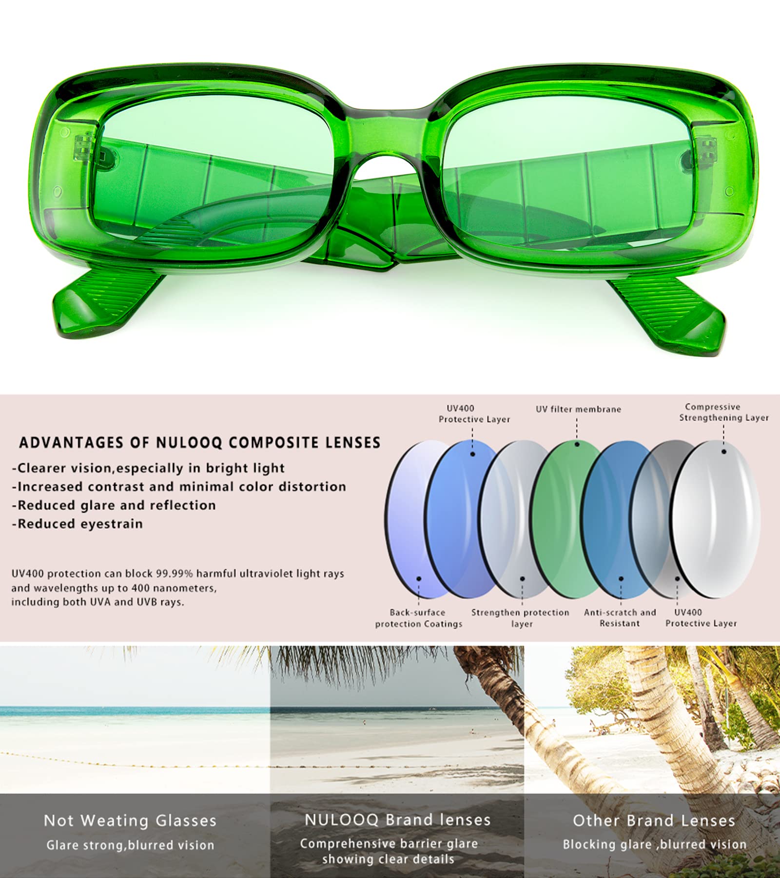 NULOOQ Y2K Trendy Aesthetic Rectangle Sunglasses for Women Men 90's Retro Thick Frames Cool Funky Sun Glasses (Green Frame/Green Lens)