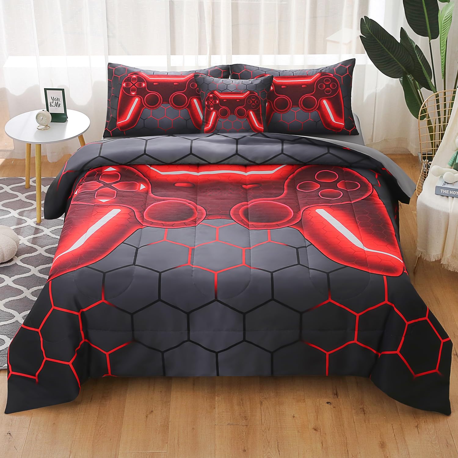 JQinHome Full Gamer Comforter Set for Boys Girls Kids,6 Piece Bed in A Bag 3D Video Game Bedding -All Season Soft Microfiber Down Alternative Comforter Gamer Bedding Sets with Sheets (Red)