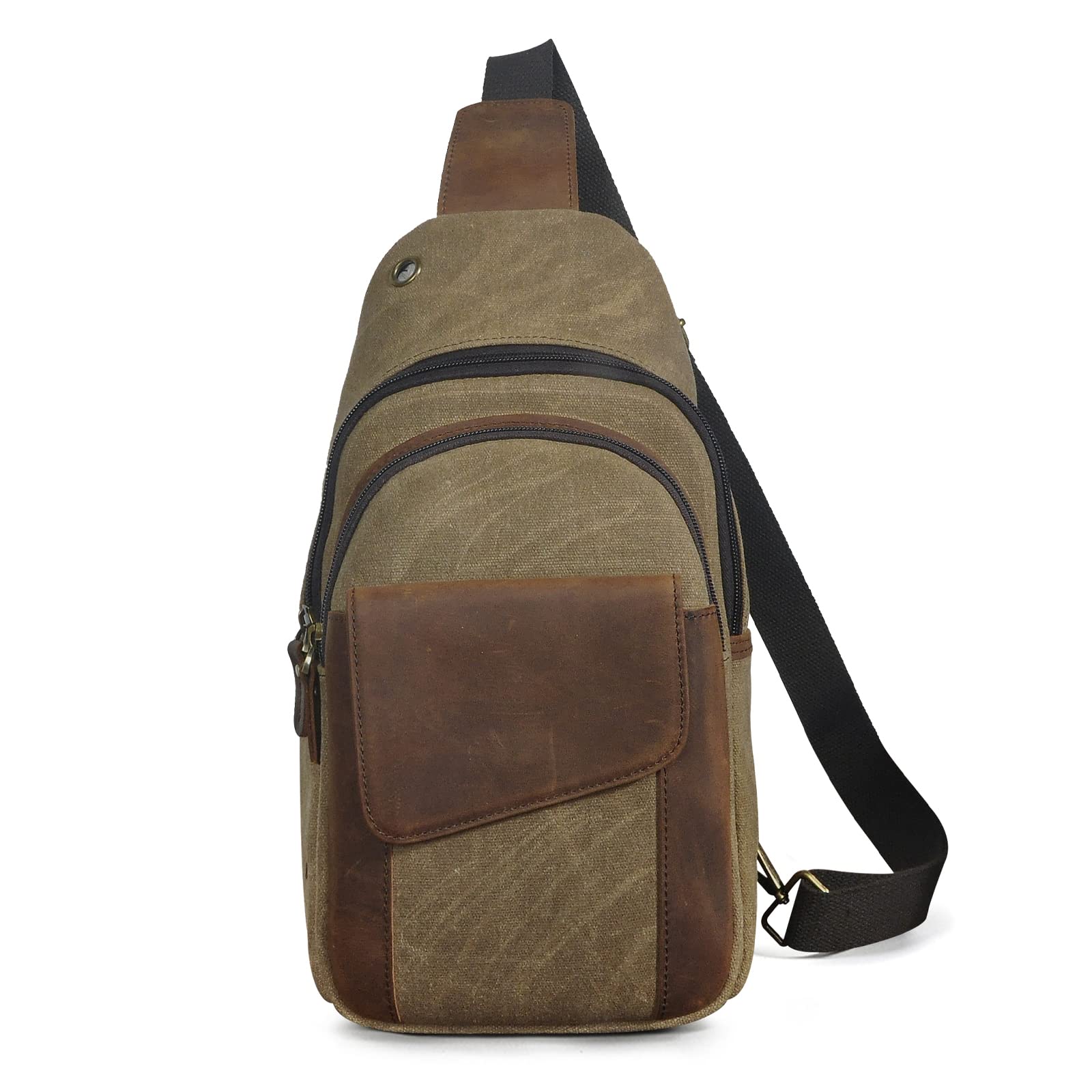 Le'aokuu Men Canvas And Genuine Leather Outdoor Casual Travel Hiking Waterproof Crossbody Chest Sling Bag Shoulder Strap Backpack 8013 (0 Brown)