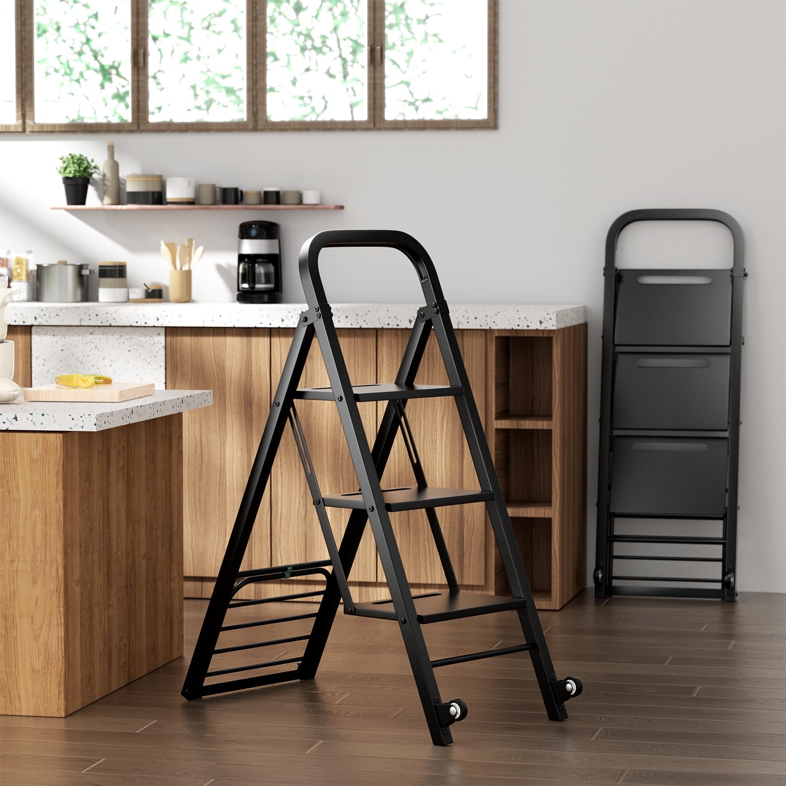 S AFSTAR 2-in-1 Folding Ladder & Hand Truck Combo, 3-Step Step Ladder with Wheels, Convertible Hand Cart with Wide Steps, 550 Max Load, Heavy-Duty Metal Dolly Cart Ladder for Home Office Garage