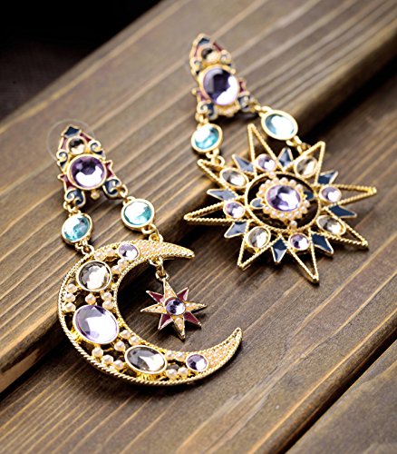 JOJO & LIN 18K Real Gold Plated Asymmetrical Earrings Sun Moon Star Statement Earrings for Women