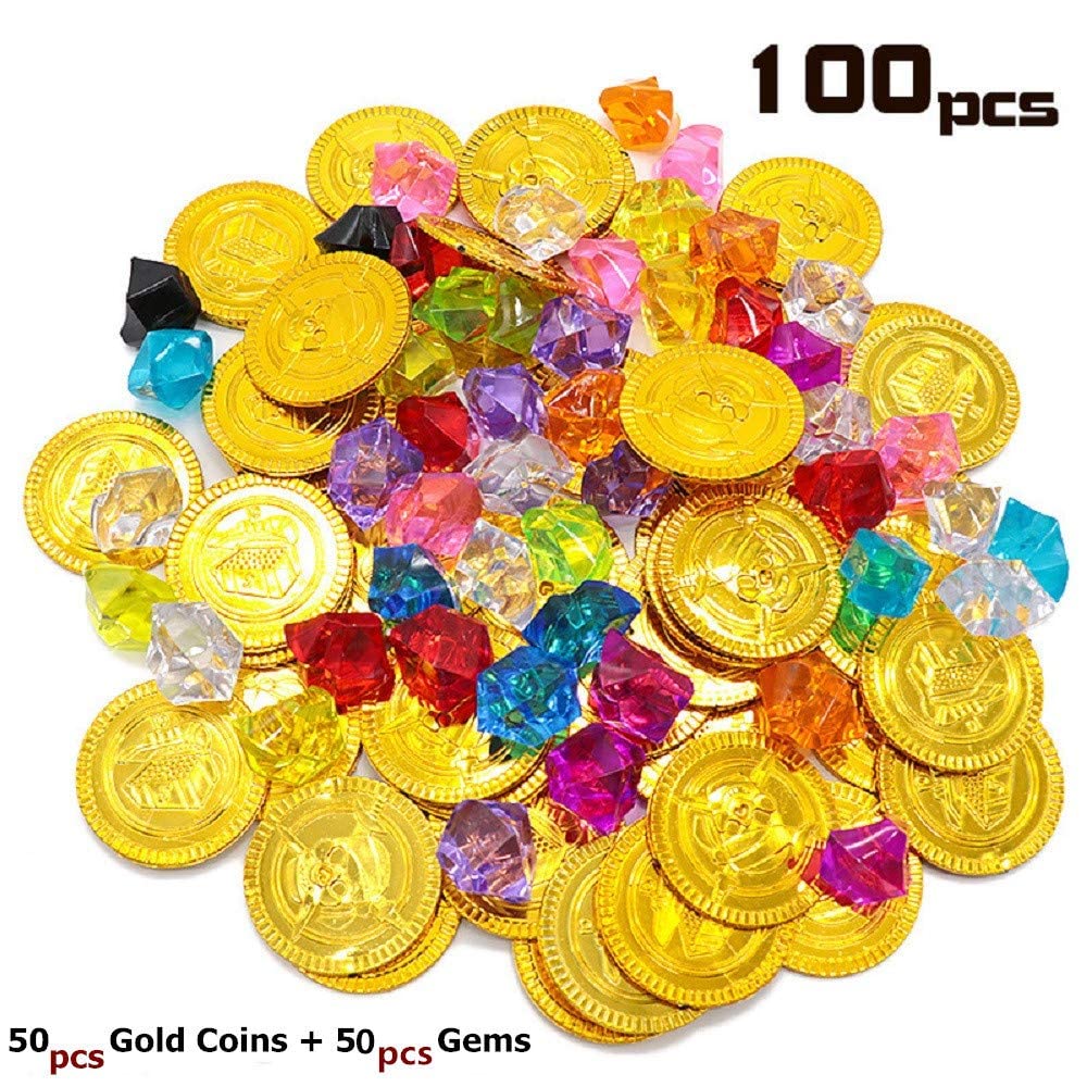 Pirate Antique Plastic Coins Set, 100Pcs Spanish Doubloons Replica Treasure for Board Games, Tokens, Toys, Cosplay, and Decorations.
