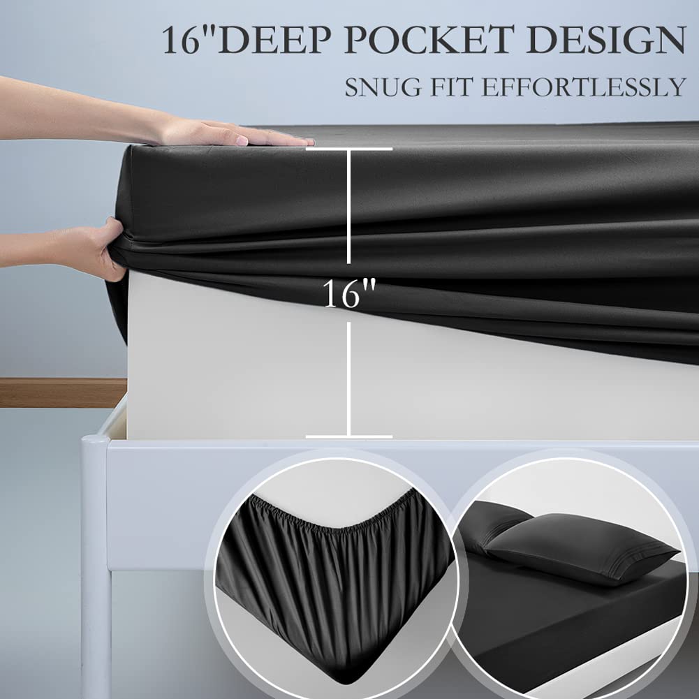 LIANLAM Full Bed Sheets Set - Super Soft Brushed Microfiber 1800 Thread Count - Breathable Luxury Egyptian Sheets 16-Inch Deep Pocket - Wrinkle and Hypoallergenic-4 Piece(Full, Black)