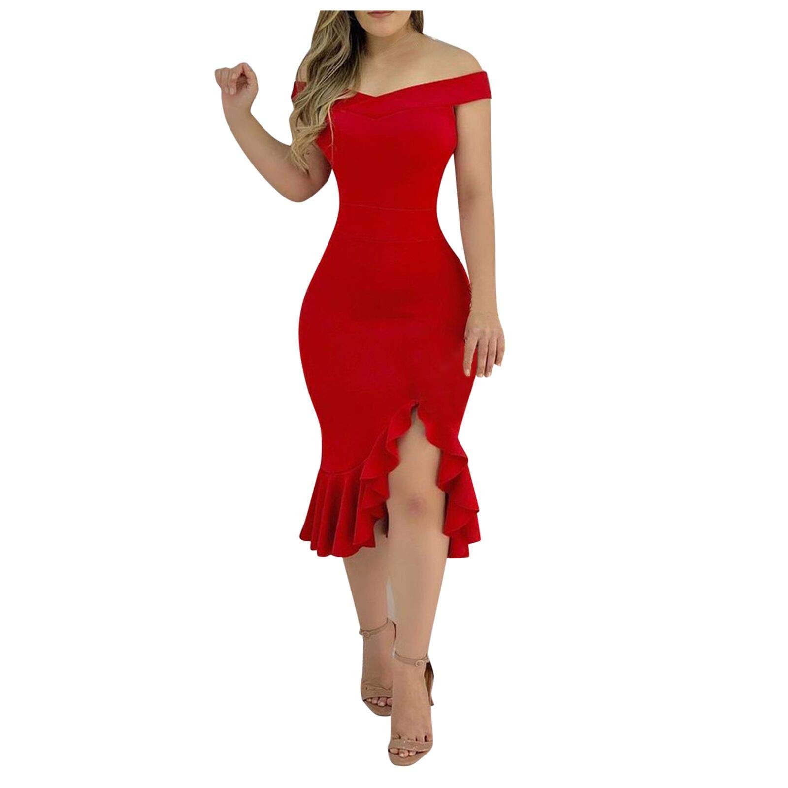 Off Shoulder Wrap Dress for Women Ruffle Side Split Knee-Length Dress Hem Sleeveless Midi Dress Red
