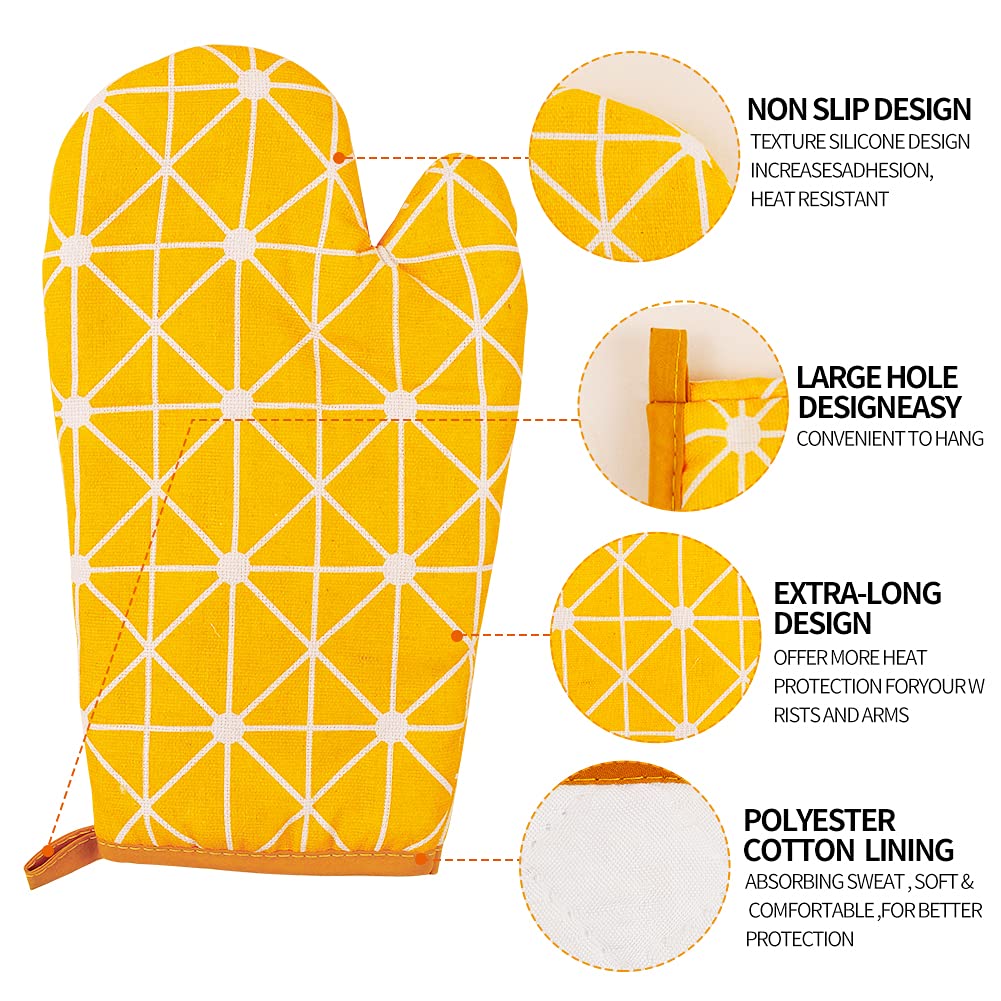 Oven Mitts and Pot Holders Sets, 600 degrees Heat Resistant , Potholders, Gloves Silicone Cooking Pinch Mitts, Microfiber Cleaning Cloth for Kitchen, Baking, BBQ(8 Pcs)., Yellow