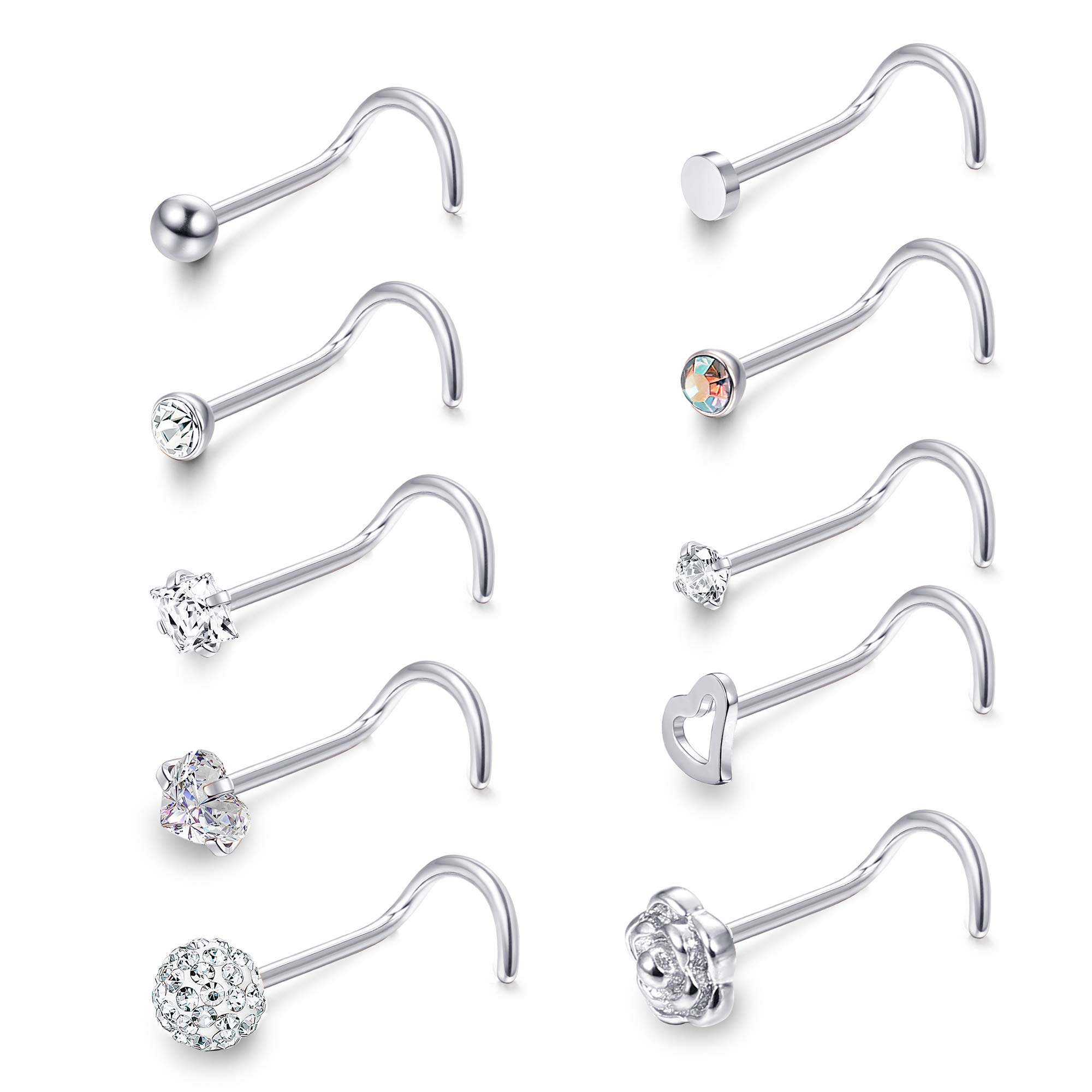 JOERICA 10 Pcs 20G Stainless Steel Screw Nose Studs Rings CZ Labret Silver Gold Nose Stud Piercing Jewelry Set Silver Tone