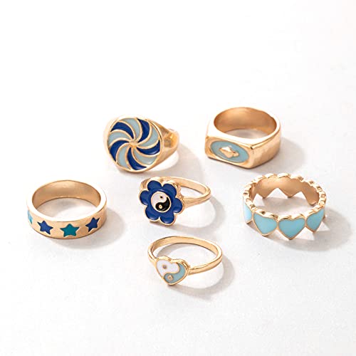 Minzaos Y2K Style Chunky Retro Resin Acrylic Ring Set Yin-yang Ring Heart Knuckle Ring Star Finger Ring Cute Lollipop Ring Statement Stackable Rings Set for Women Girls (Blue)