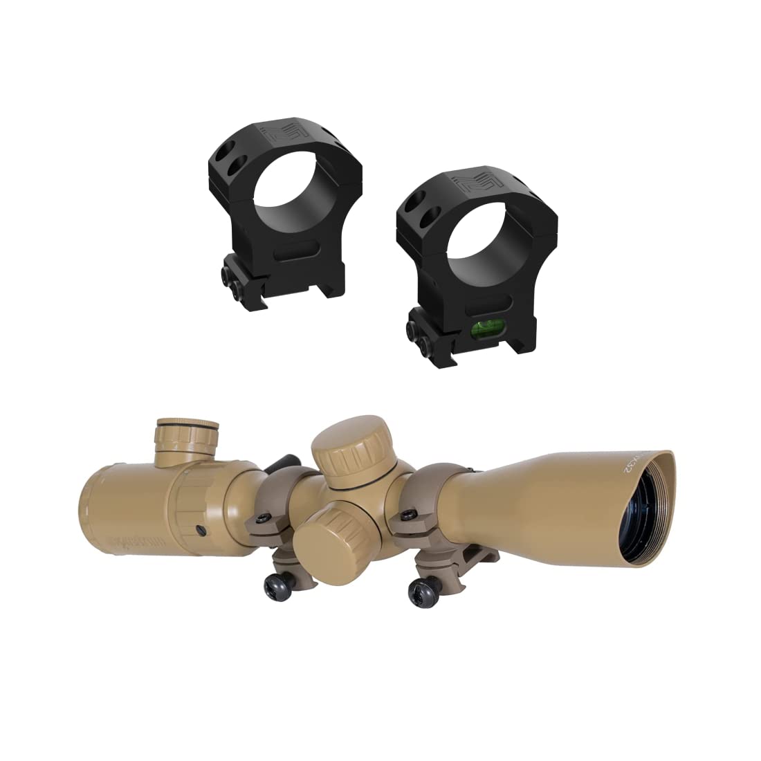 Monstrum 3-9x32 Rifle Scope | Flat Dark Earth | Monstrum Picatinny Scope Rings with Integrated Level Bubble | Bundle