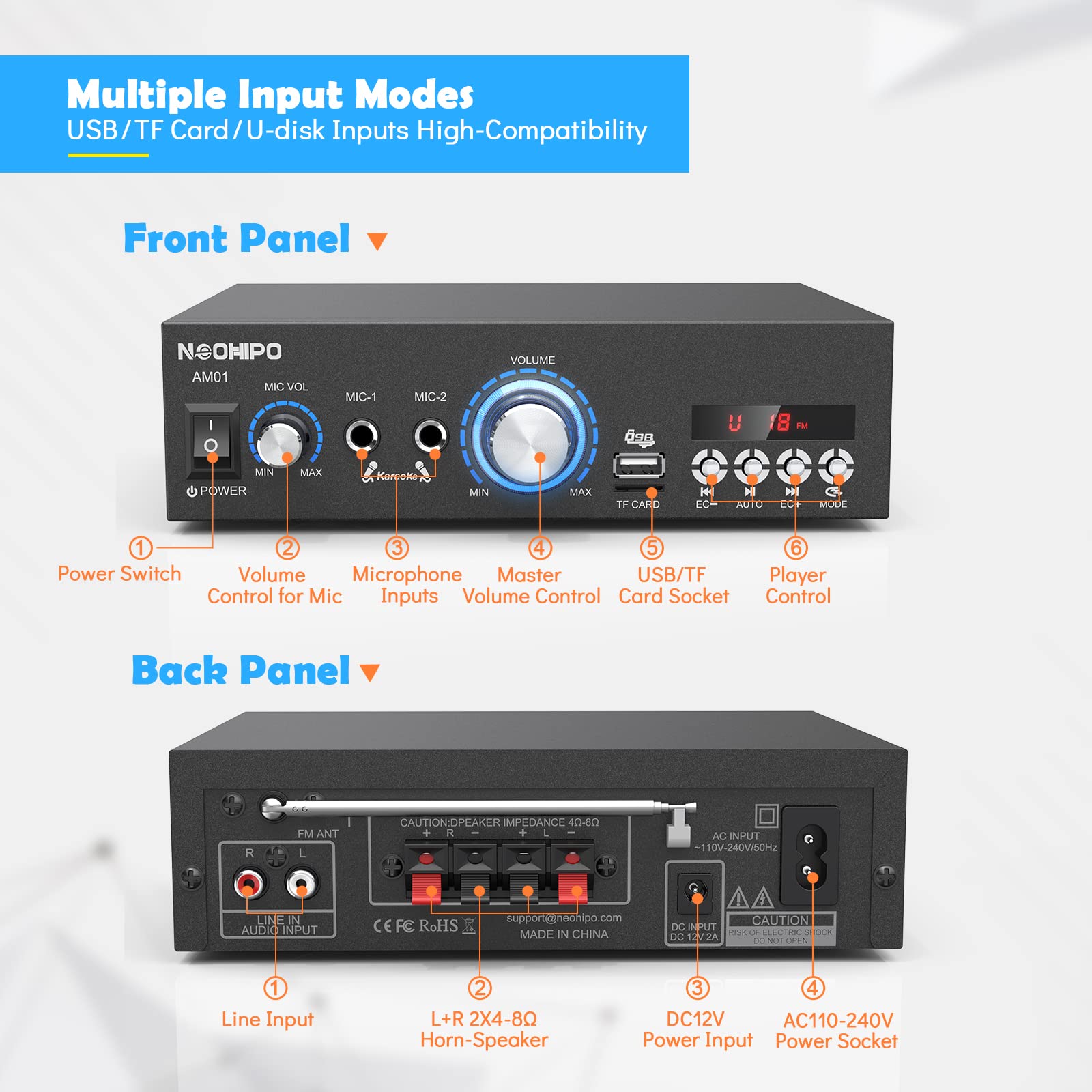 NEOHIPO AM01 150Wx2 Class AB Bluetooth 5.0 Stereo Power Amplifier Wireless 2.0CH Audio Receiver Component Amp for Home Passive Speakers with Remote Control RCA/USB/TF Card/2 MIC Input FM Radio