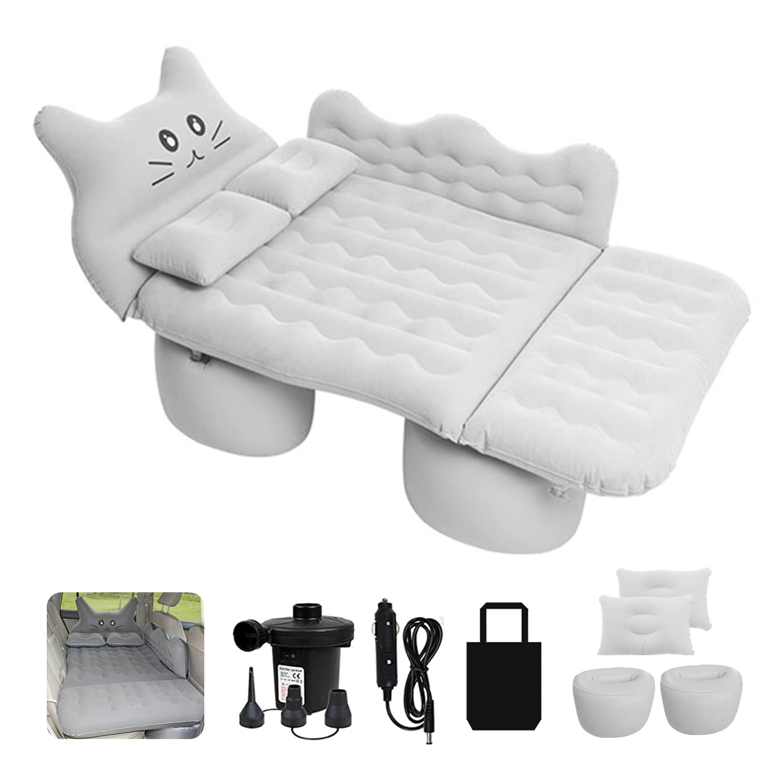 MLCTECH Car Air Mattress SUV Air Mattress Camping Inflatable Thickened Bed with Back Cushion - Two Foot Pier and Two Pillows - PVC Sleeping Bed with Electric Air Pump and Storage Bag (Grey)