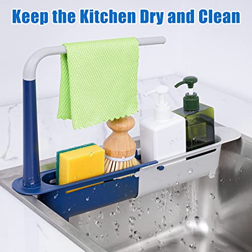 NiHome Telescopic Kitchen Sink Organizer with Towel Hanger and Expandable Drain Basket - Adjustable Length Multifunctional Caddy for Home and Bathroom Storage (Blue/White)