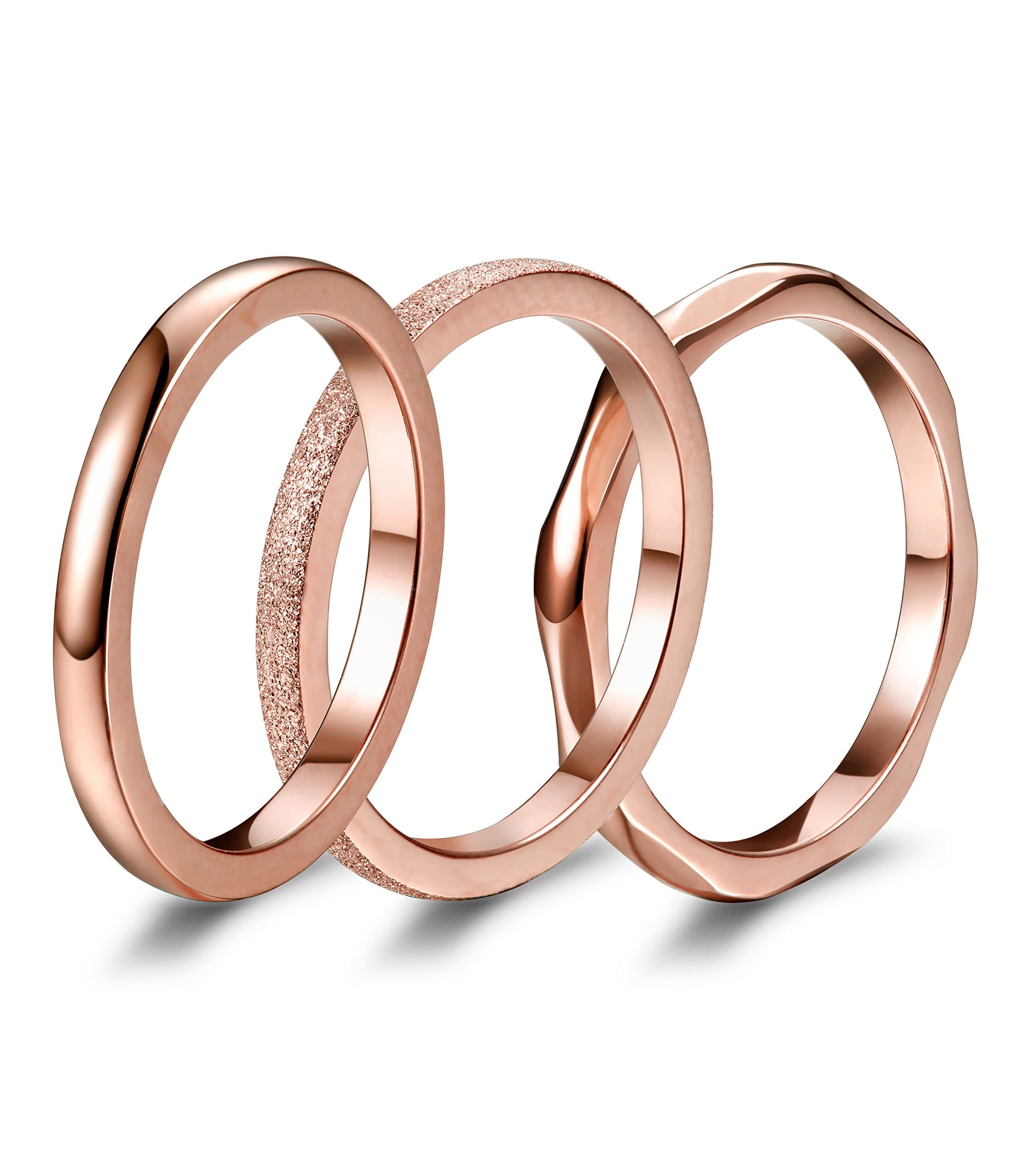 JOERICA 3Pcs 2mm Stainless Steel Women's Stackable Eternity Ring Band Engagement Wedding Ring Set 4-9 (stainless-steel,Rose gold, 6)