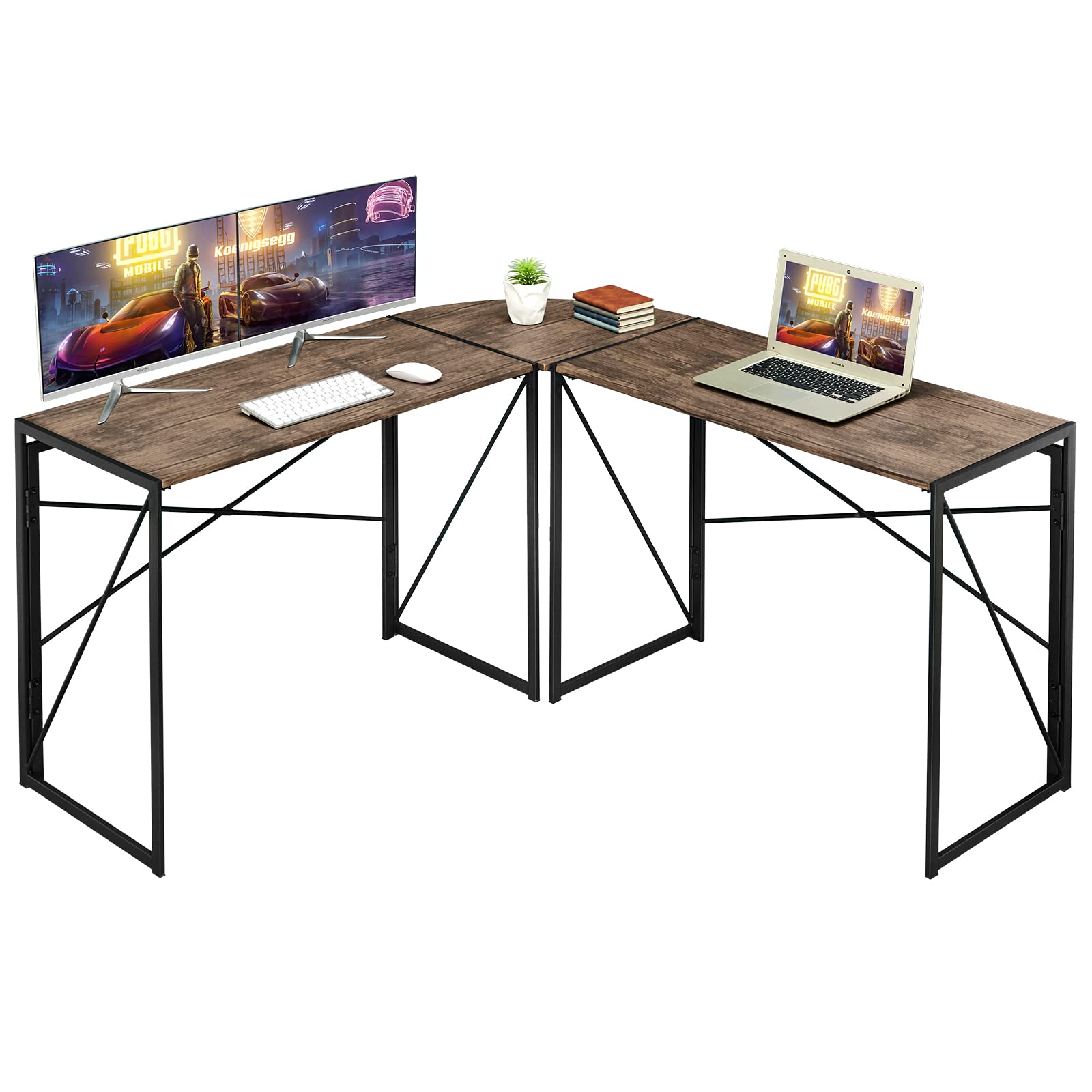 L Shaped Desk Folding Gaming Desk Corner Computer Desk Home Office Workstation PC Writing Table with Large Desk Top, Space-Saving, No Need to Assemble, Brown