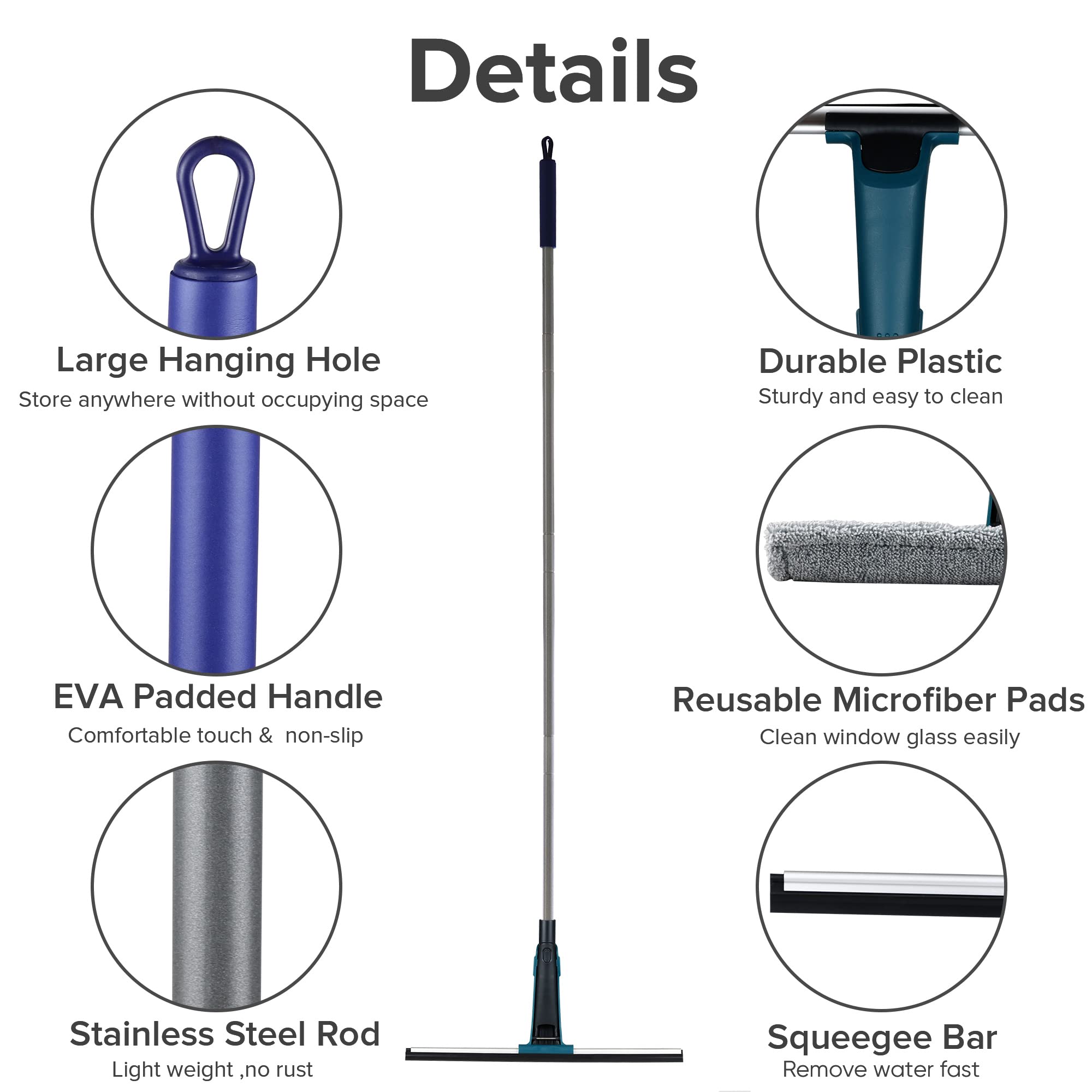 JEHONN Window Shower Squeegee for Glass Door with 60 Inches Long Handle, Professional Floor Squeegee Mop for Cleaning Garage Tile Concrete Mirror Car Windshield Bathroom Home
