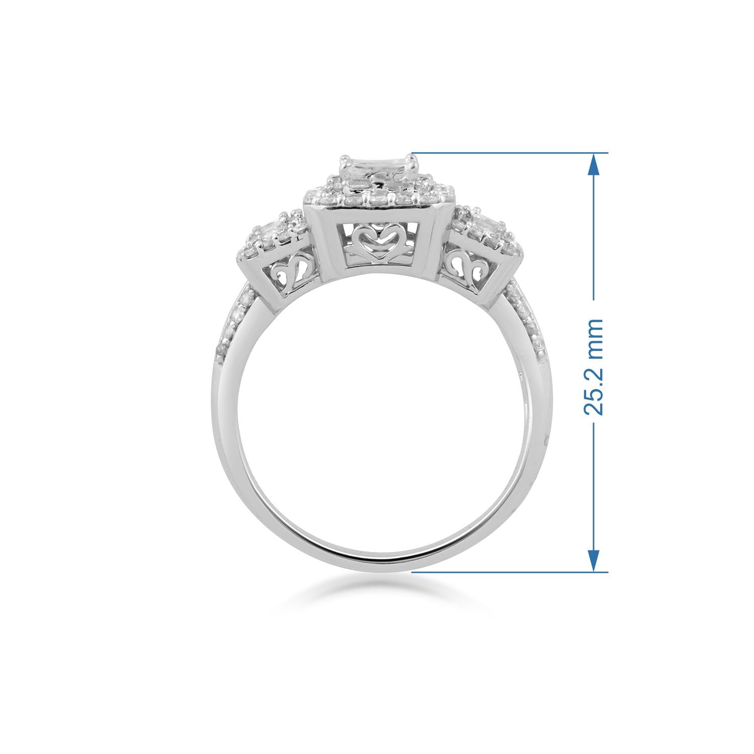 Jewelili 10K White Gold 1 Cttw Princess Cut Centre with Round and Baguette shape Natural White Diamond Engagement Ring, Size 8