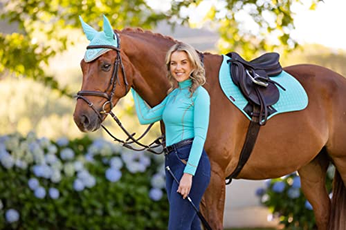 LeMieux Pom Pom Horse Riding Hat Silk with 4 Way Stretch Fabric Coordinates with Base Layers & Saddle Pads - Equestrian Headgear - Azure
