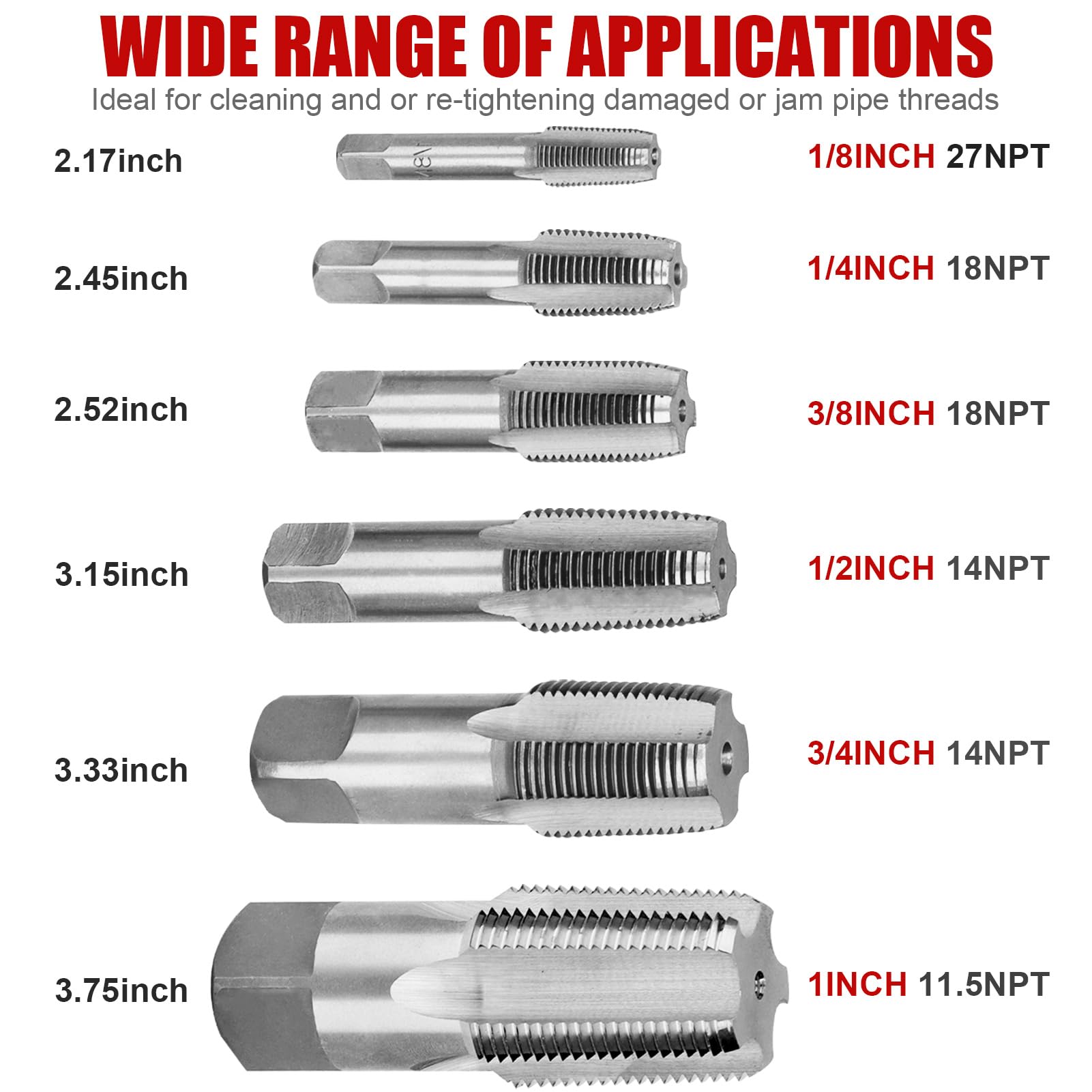 KBOISHA 6-Piece NPT Pipe Tap Set, Carbon Steel NPT Thread Forming Tap Sizes 1/8", 1/4", 3/8", 1/2", 3/4", and 1"