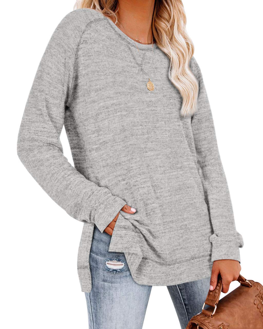 Long Sleeve Tunic Tops For Women Casual Plain Shirts Loose Fitting Pullover Sweatshirts(L,Light Grey)