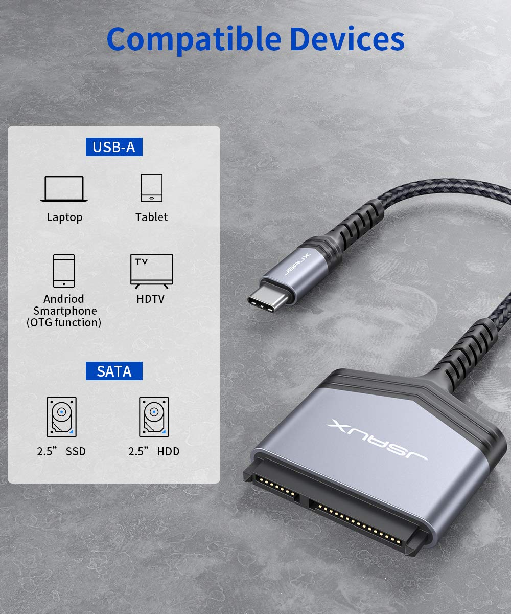 JSAUX SATA to USB C Cable, USB-C 3.1 to 2.5” SATA III Hard Driver Adapter Aluminum Shell External Converter for SSD/HDD Data Transfer-Grey