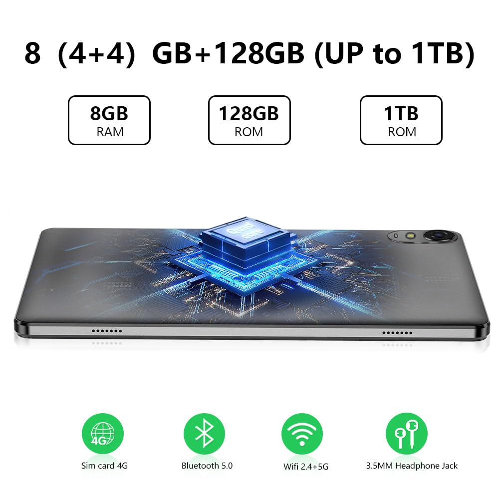 JUNINKE 10 inch Tablet Android 13 Tablets, 8GB RAM 128GB ROM 1TB Expand, 1280x800 IPS HD Screen, Quad Core Processor, WIFI6, Dual Camera, 6000mAh, BT, Ablet PC (Black) (K12)
