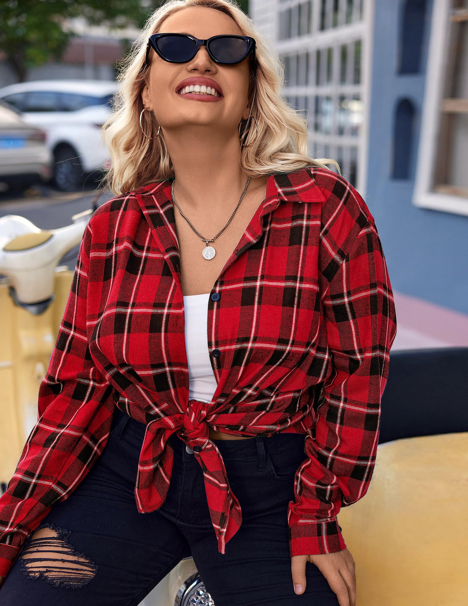 IN'VOLAN Womens Plus Size Flannel Plaid Shirt Roll Up Long Sleeve Mid-Long Button Down Shirts Casual Boyfriend Tops(24 Plus)