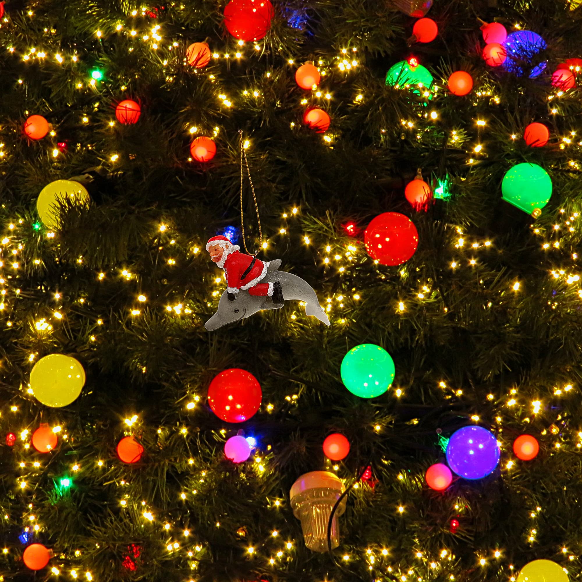 Jolly Santa Riding Gray Dolphin Christmas Ornament, Hanging Xmas Tree Decorations for Florida Beach Homes, 5 Inches